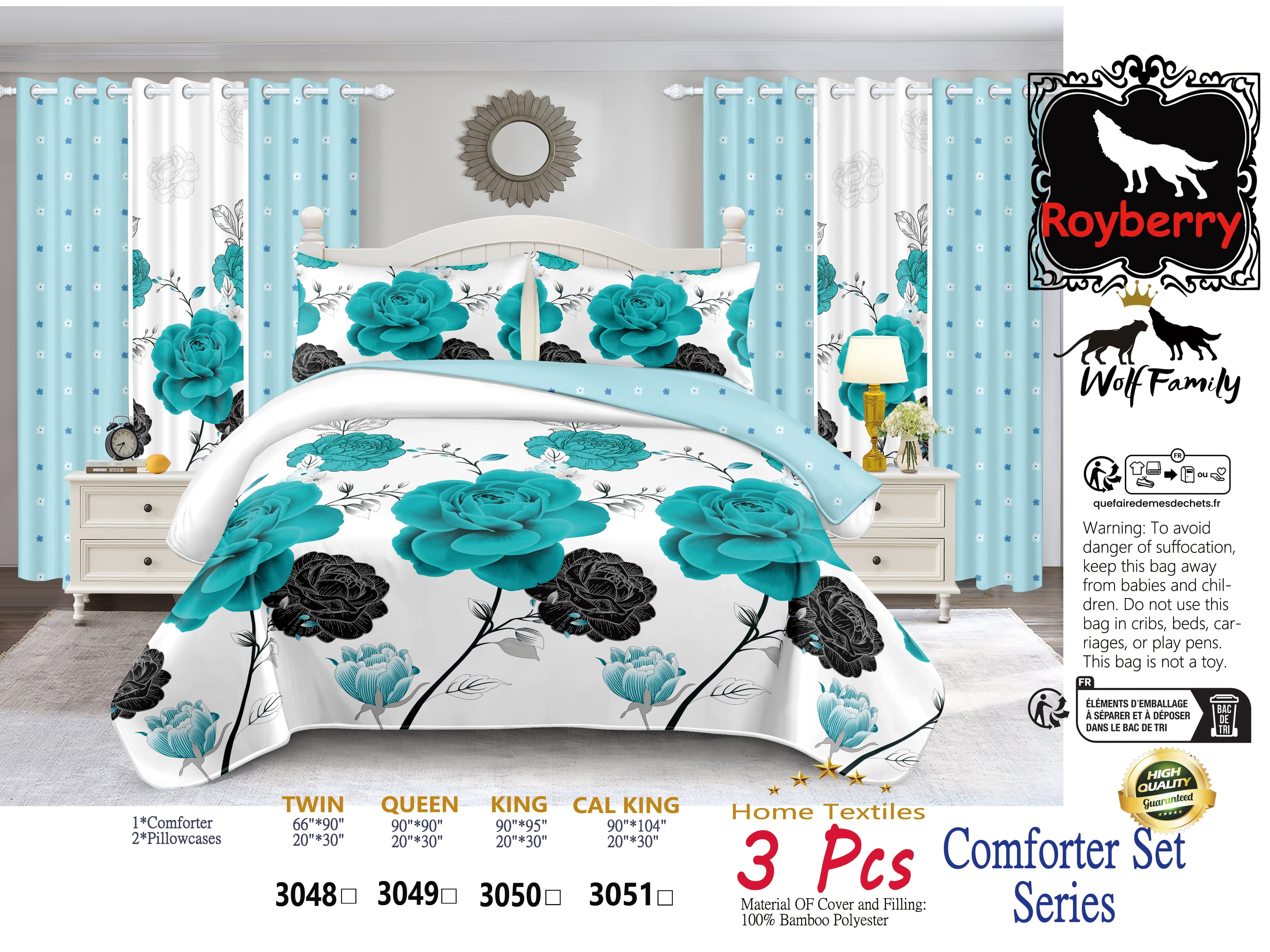 3 Piece All Season Comforter Set, Teal and Black Floral Rose Print ...