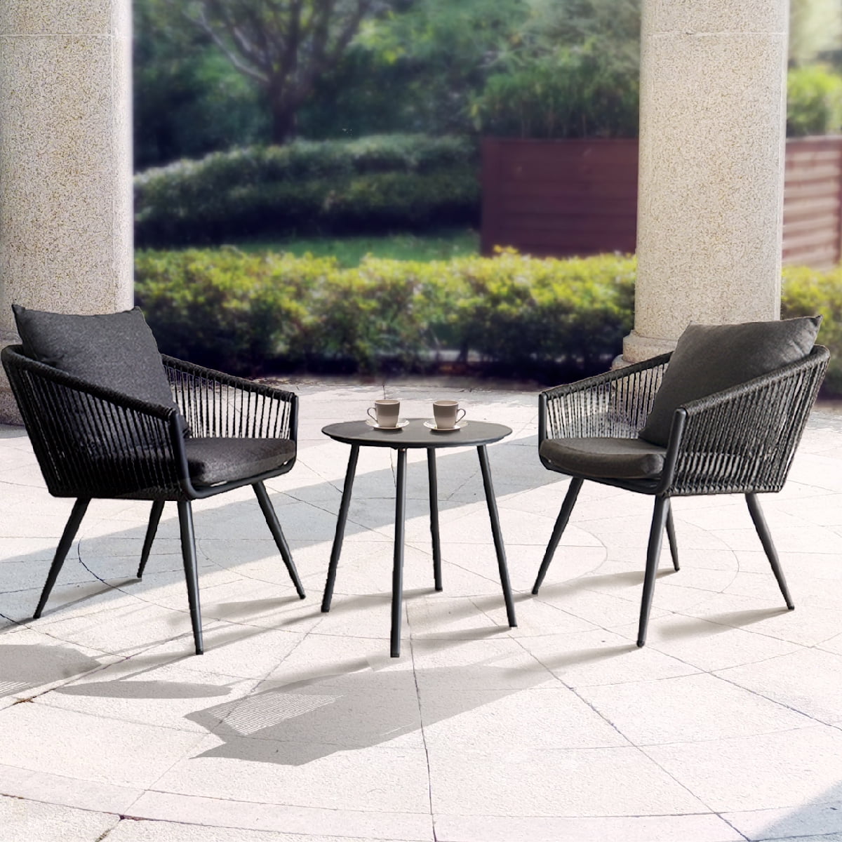 3 Piece Aluminum Outdoor Bistro Set, Woven Rope Conversation Patio Set ...