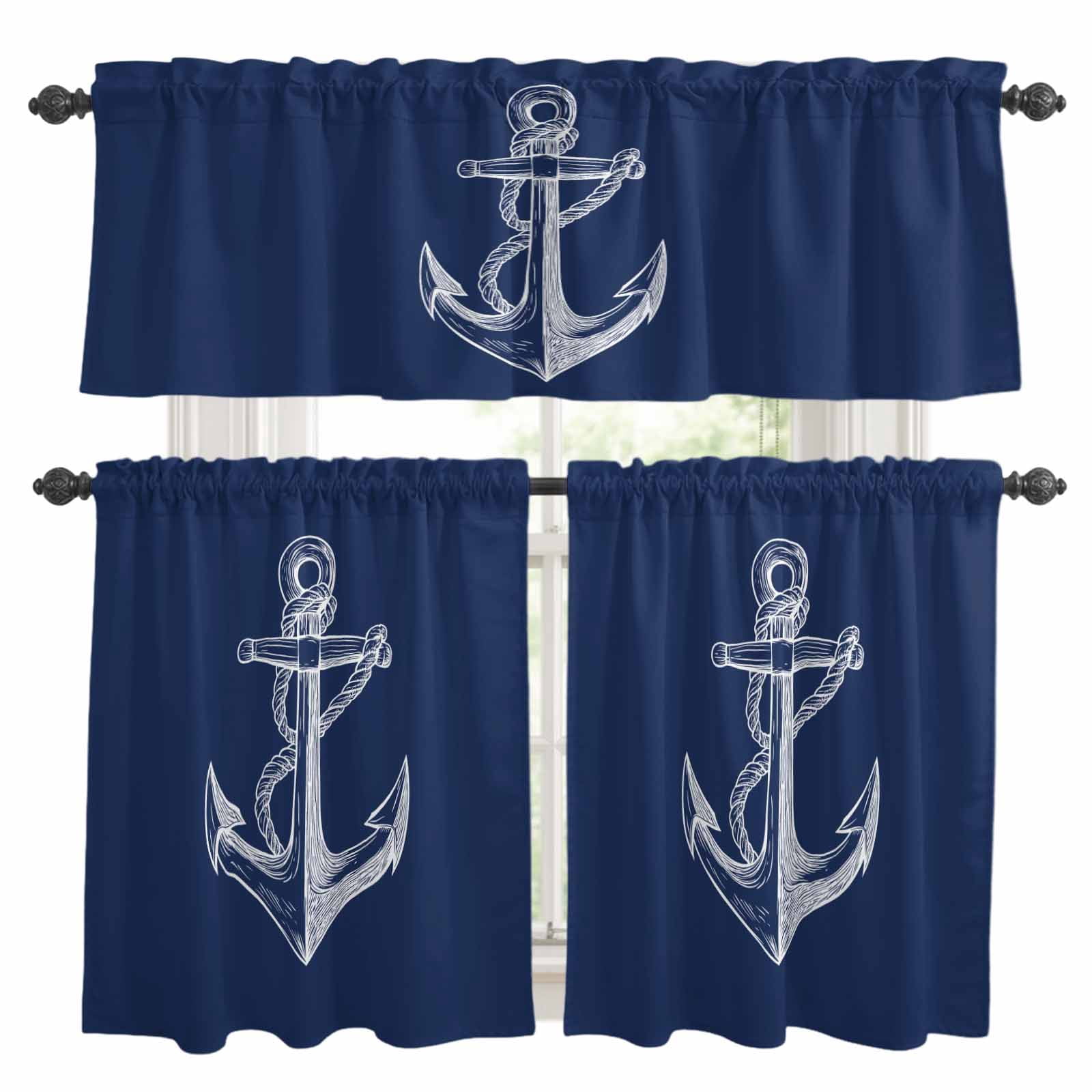 3 Piece Anchor Kitchen Curtain Valance and Tiers Set Nautical Knot Navy ...