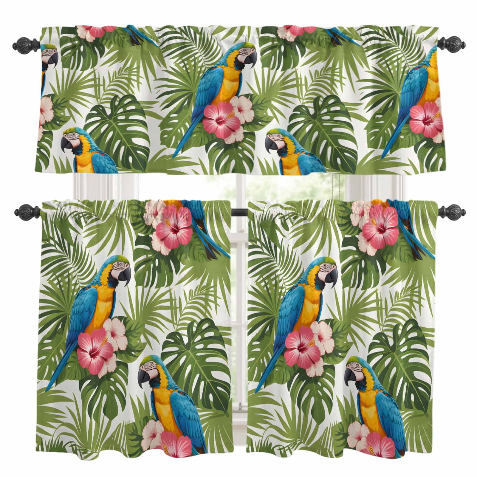 3 Piece Animal Blue Parrot Kitchen Curtain Valance and Tiers Set Pink ...