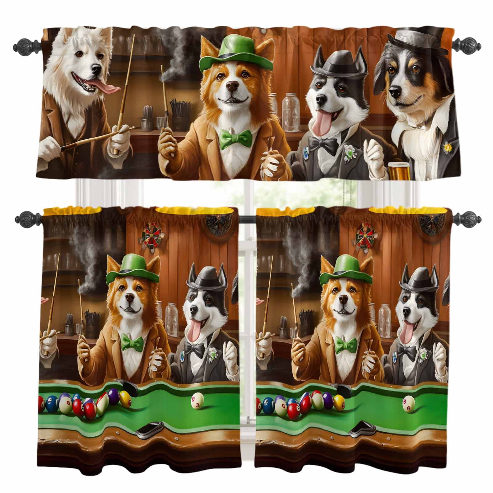 3 Piece Animal Playing Billiards Kitchen Curtain Valance and Tiers Set ...