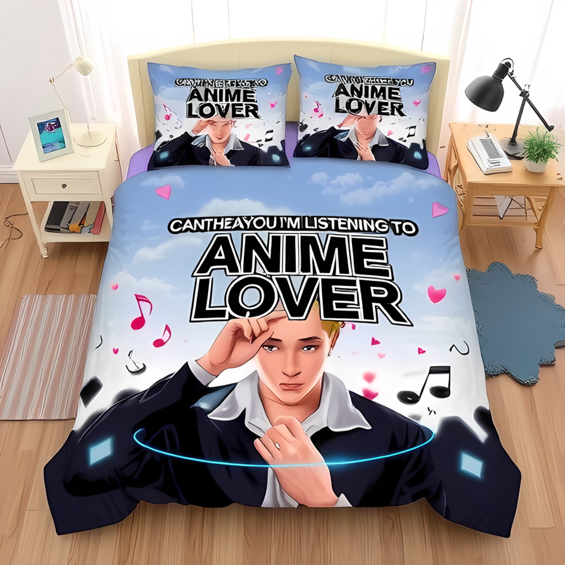 3-Piece Anime Lover Duvet Cover Set with Bold Text & Musical Notes ...