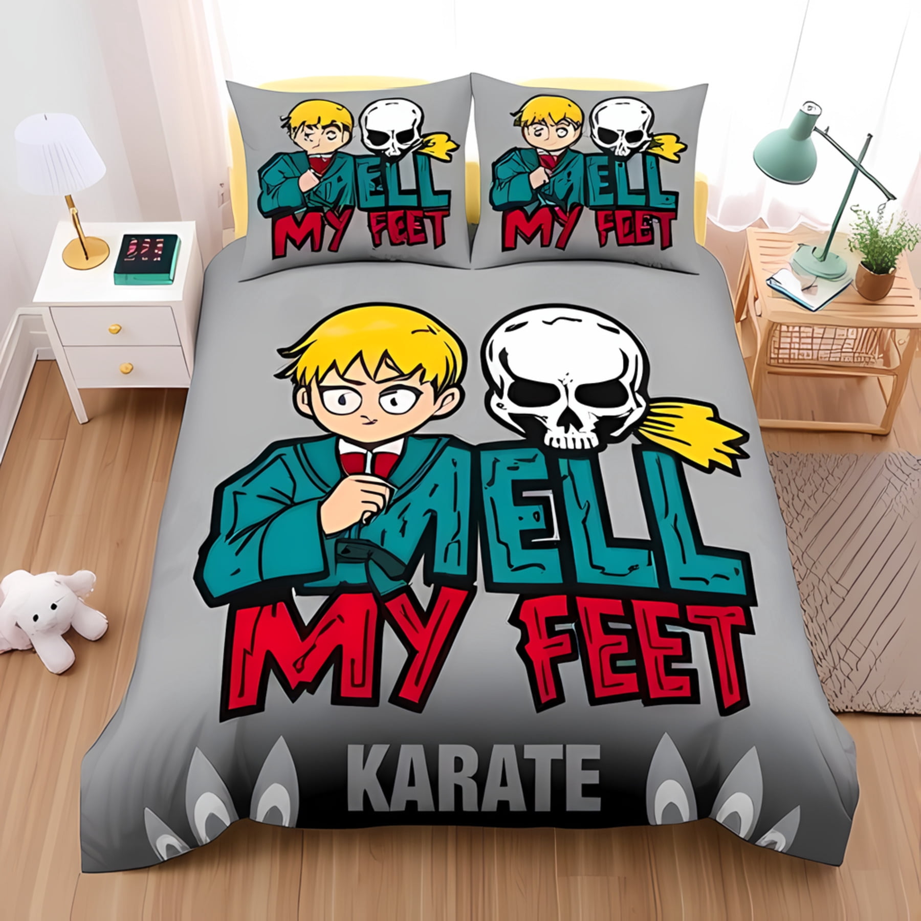 3-Piece Anime-Style Duvet Cover Set - Grey with Bold Graphic Design ...