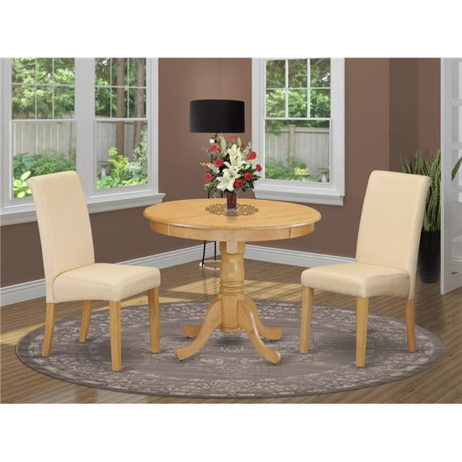3 Piece Antique Small Round Table with Linen Beige Fabric Parson Chairs ...