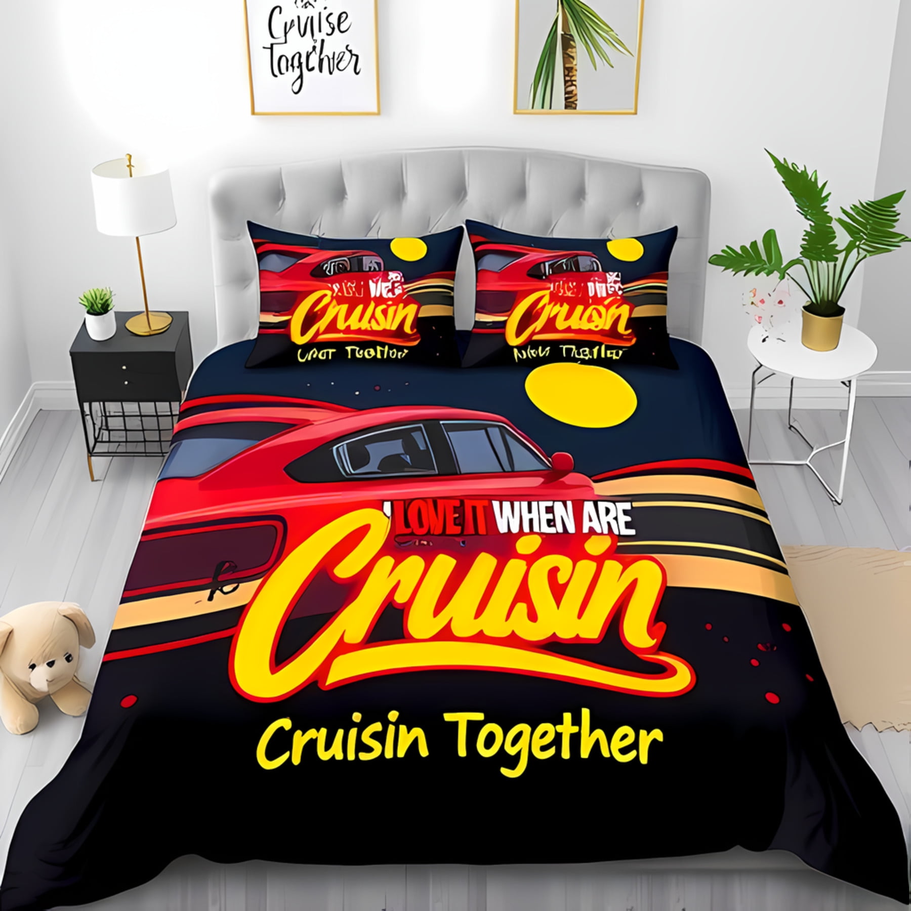 3-Piece Automotive Themed Duvet Cover Set with Bold Colors & Retro 'I ...