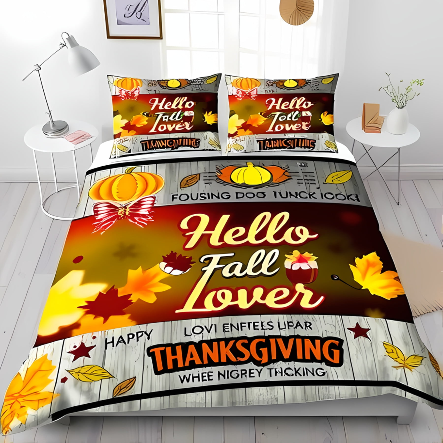 3-Piece Autumn Duvet Cover Set - Rustic Wooden Background with Pumpkins ...