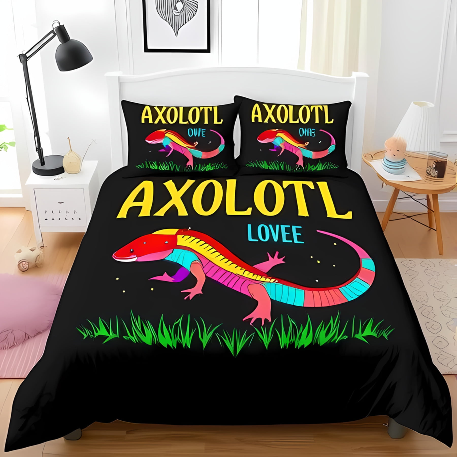 3-Piece Axolotl Love Duvet Cover Set - Vibrant Black Bedding with ...