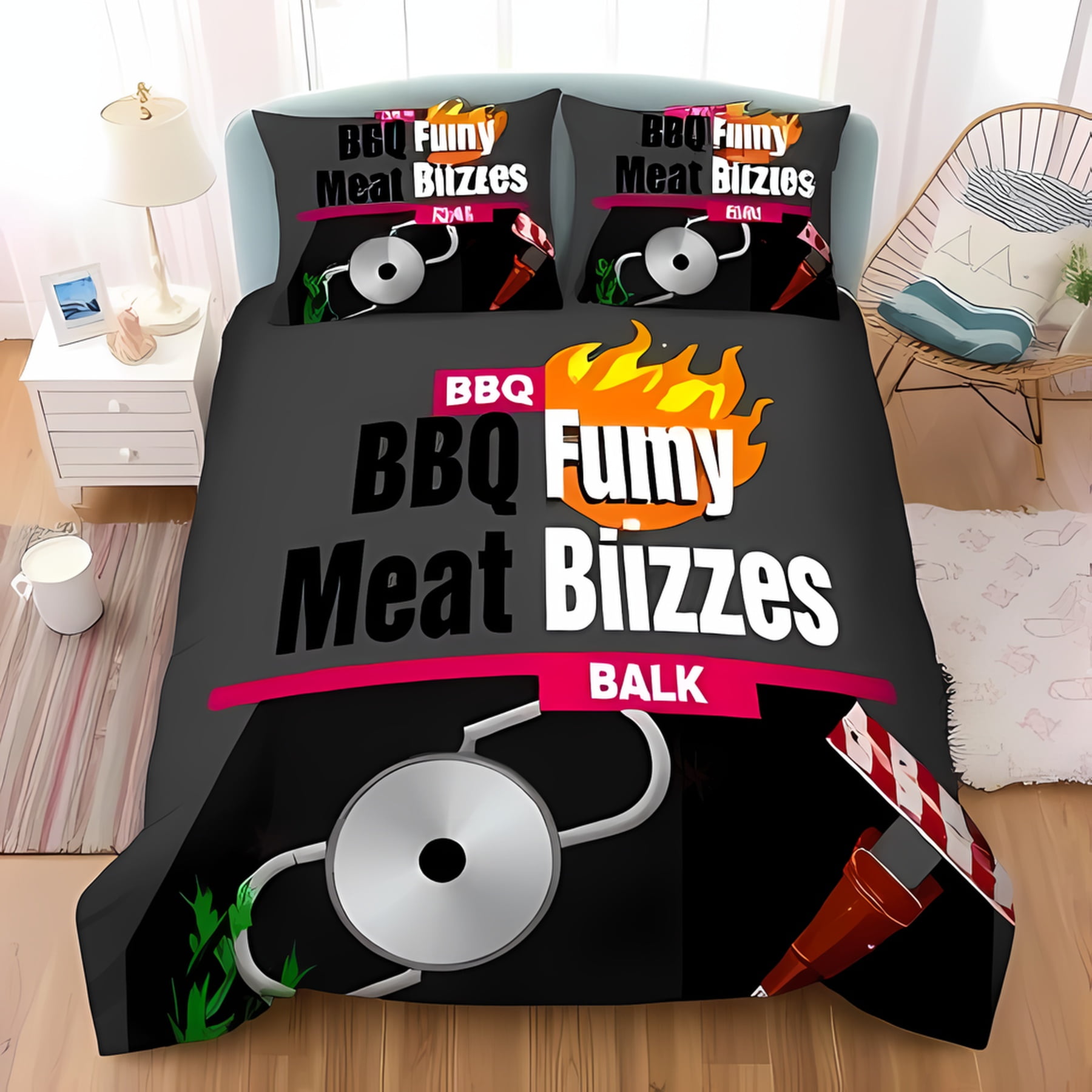 3-Piece BBQ Funny Meat Bizzes Duvet Cover & Pillowcase Set - Bold ...