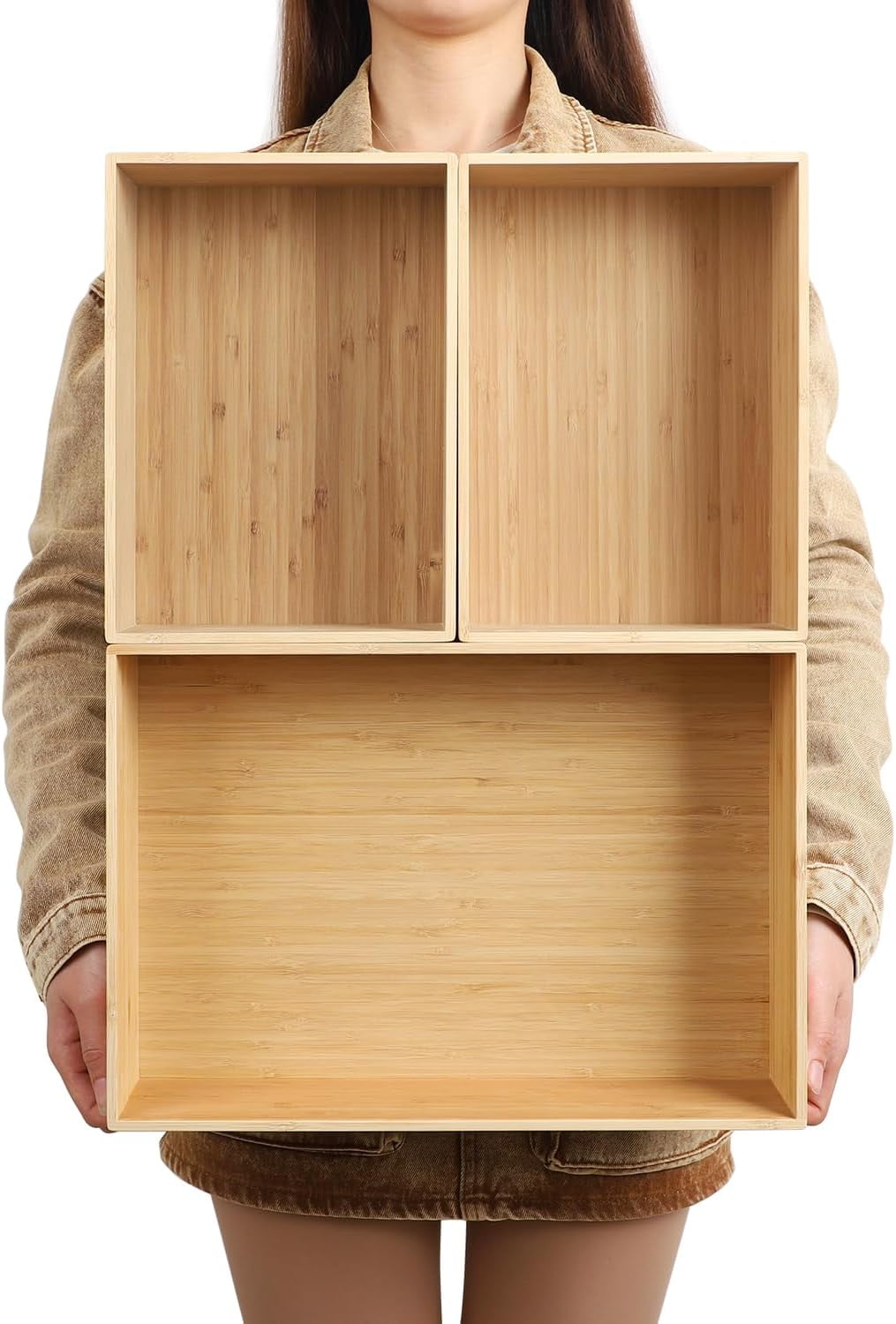 3-Piece Bamboo Kitchen Organizer Set - Stackable Deep Drawer Bins for ...