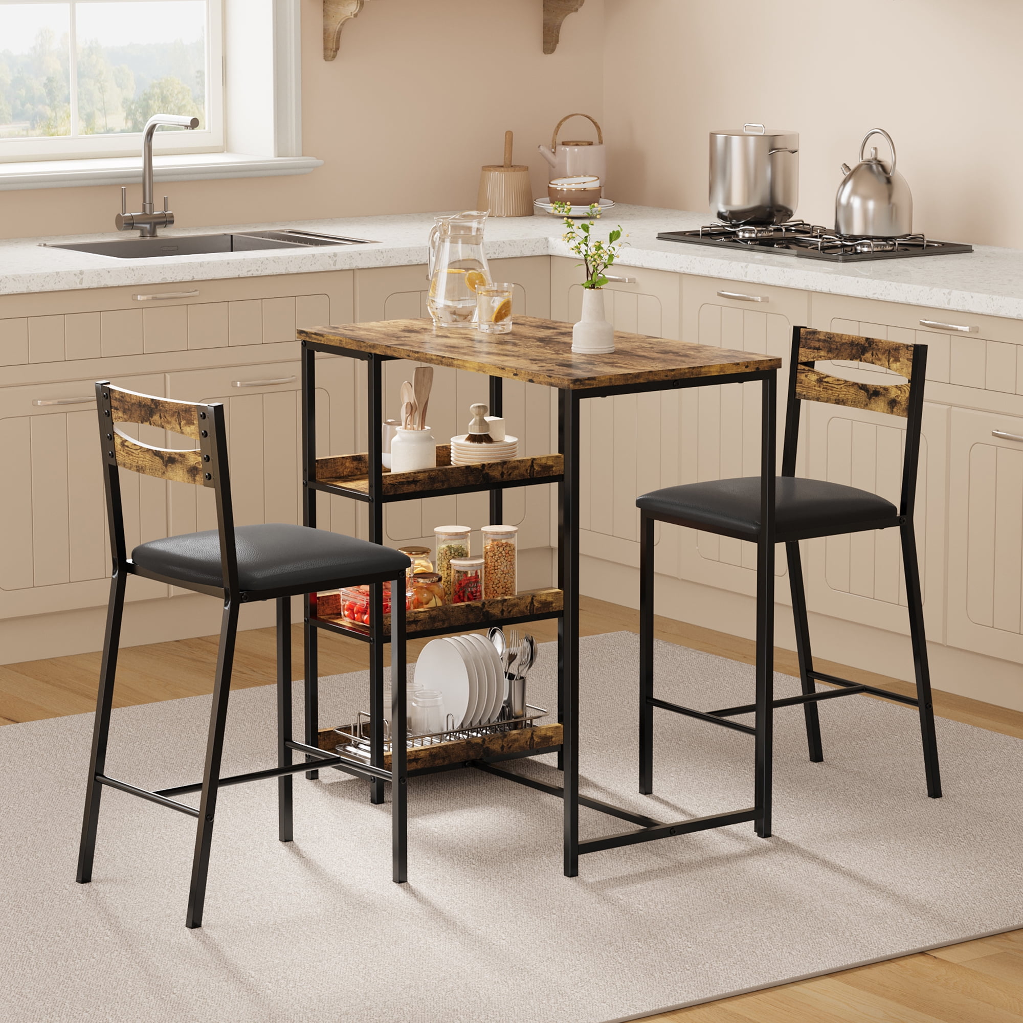 3-Piece Bar Table & Chairs Set for 2 – Counter Height Dining Table with ...