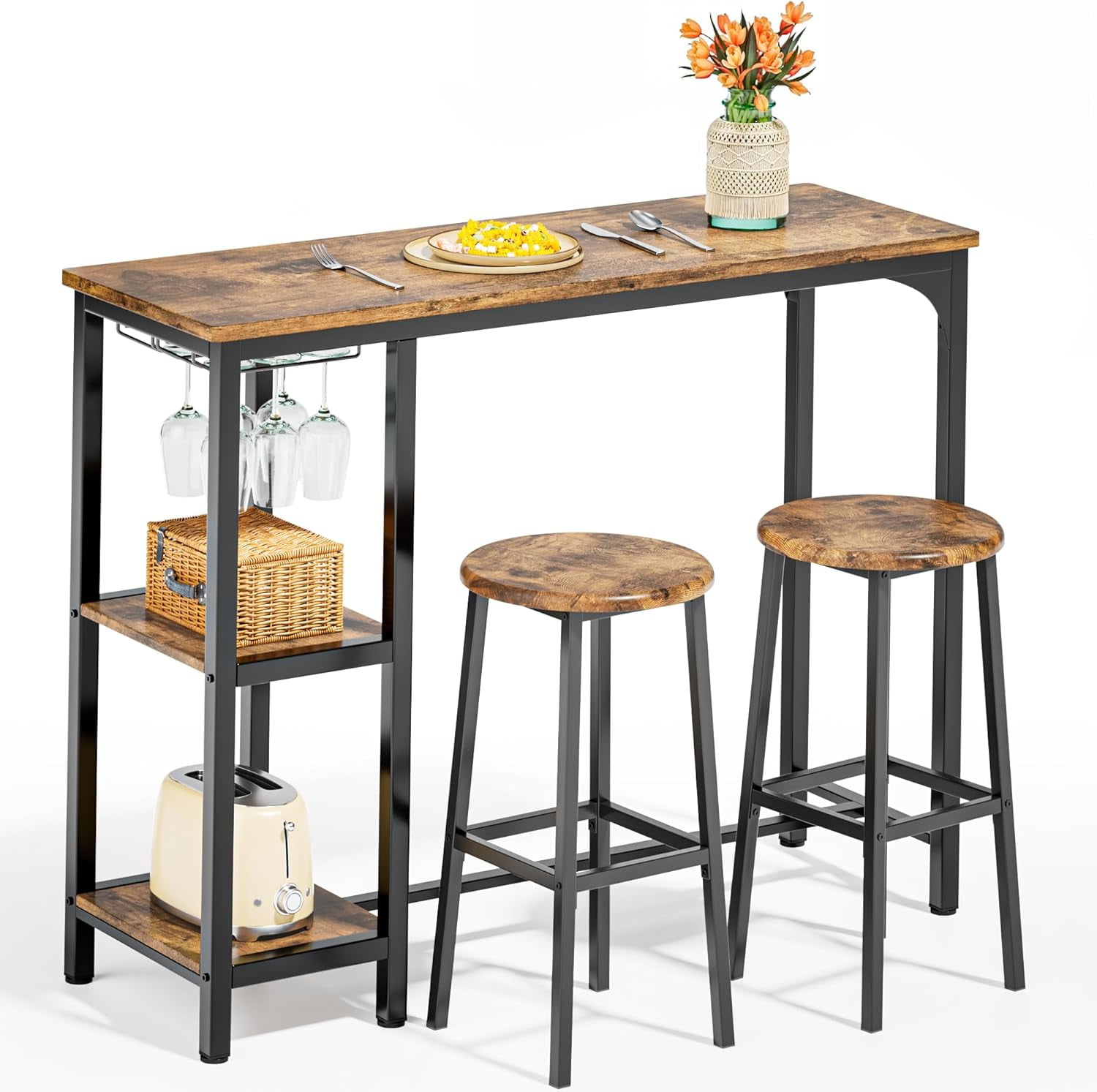 3-Piece Bar Table Set for 2, Bar Table with Stools & 2 Storage Shelves ...