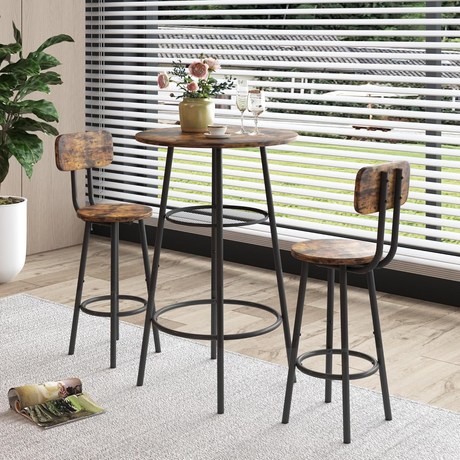 3-Piece Bar Table Set for 2, Small 2-Tier Round Bistro Pub Dining Table ...