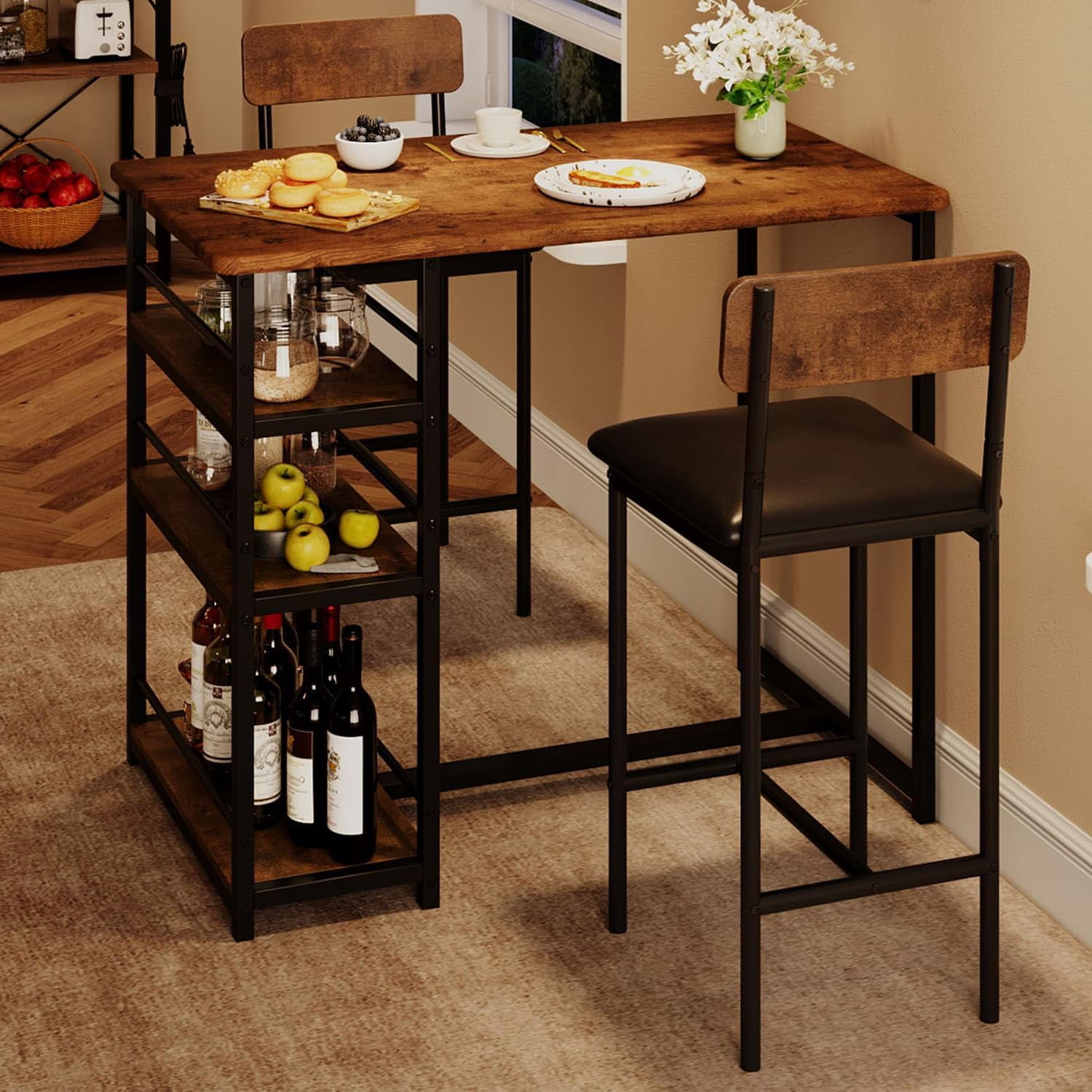 3 Piece Bar Table Set with 2 Upholstered Counter Stools 3 Tier Storage ...
