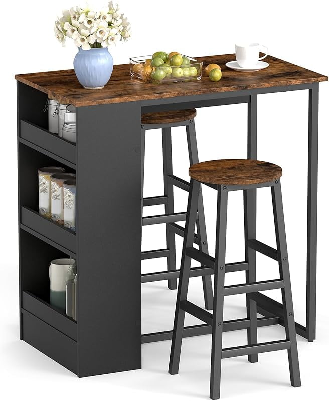 3-Piece Bar Table Set, 36" Counter Height Breakfast Table with 3 Storage Shelves & 2 Round ...