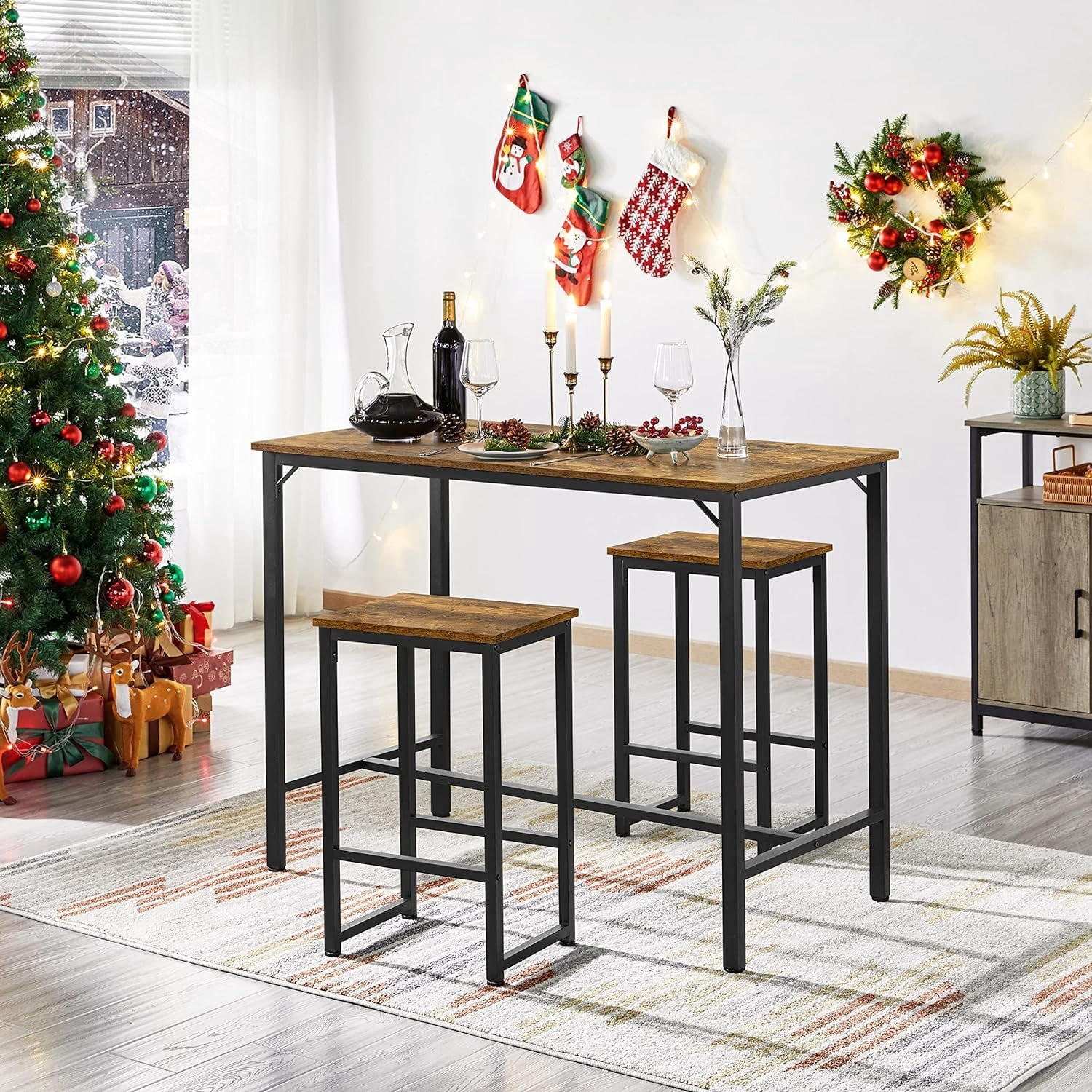 3 Piece Bar Table Set, 47.5 in Industrial Dining Table Set, Counter ...