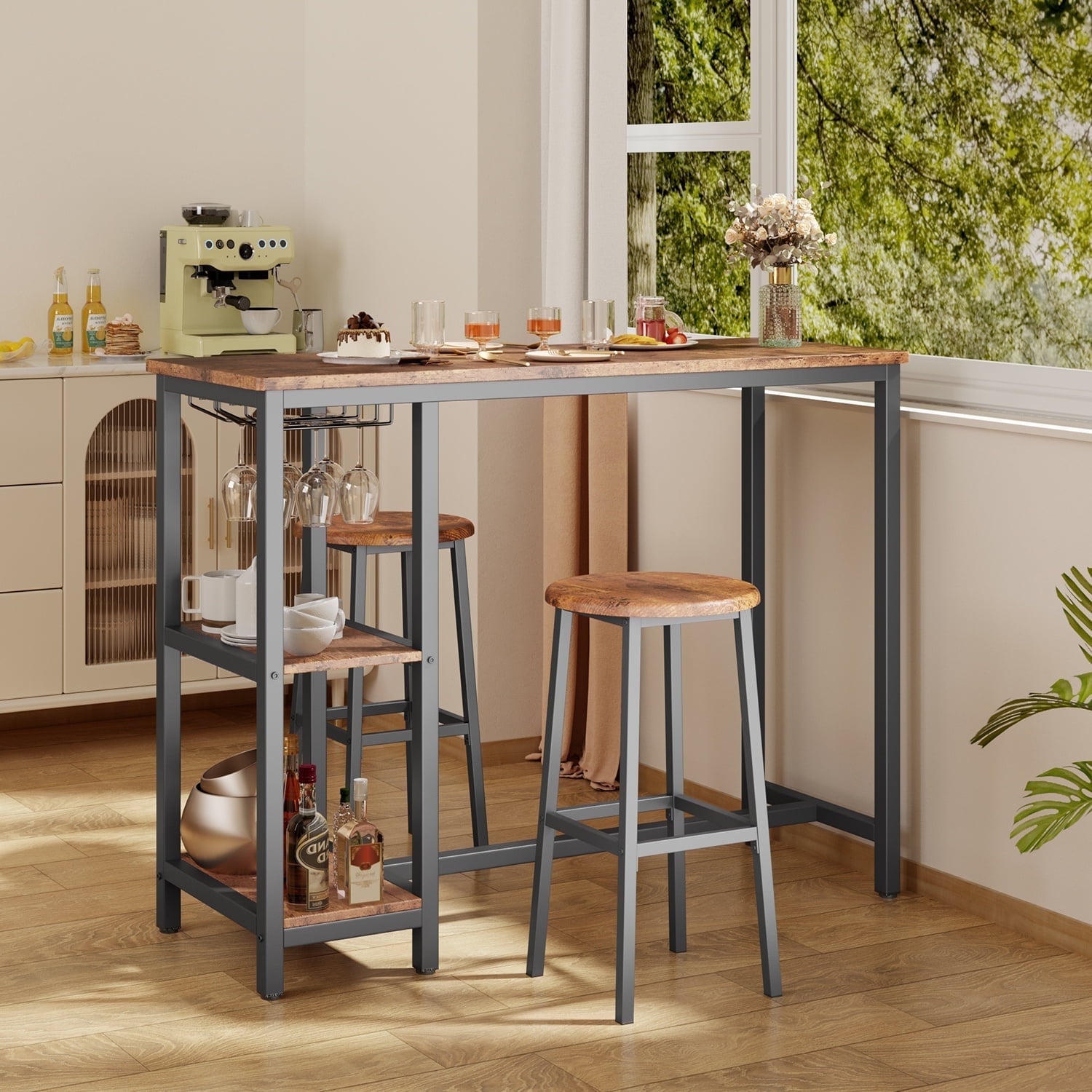 Noelse 3 Piece Bar Table Set for 2, Bar Table with Stools and 2 Storage ...