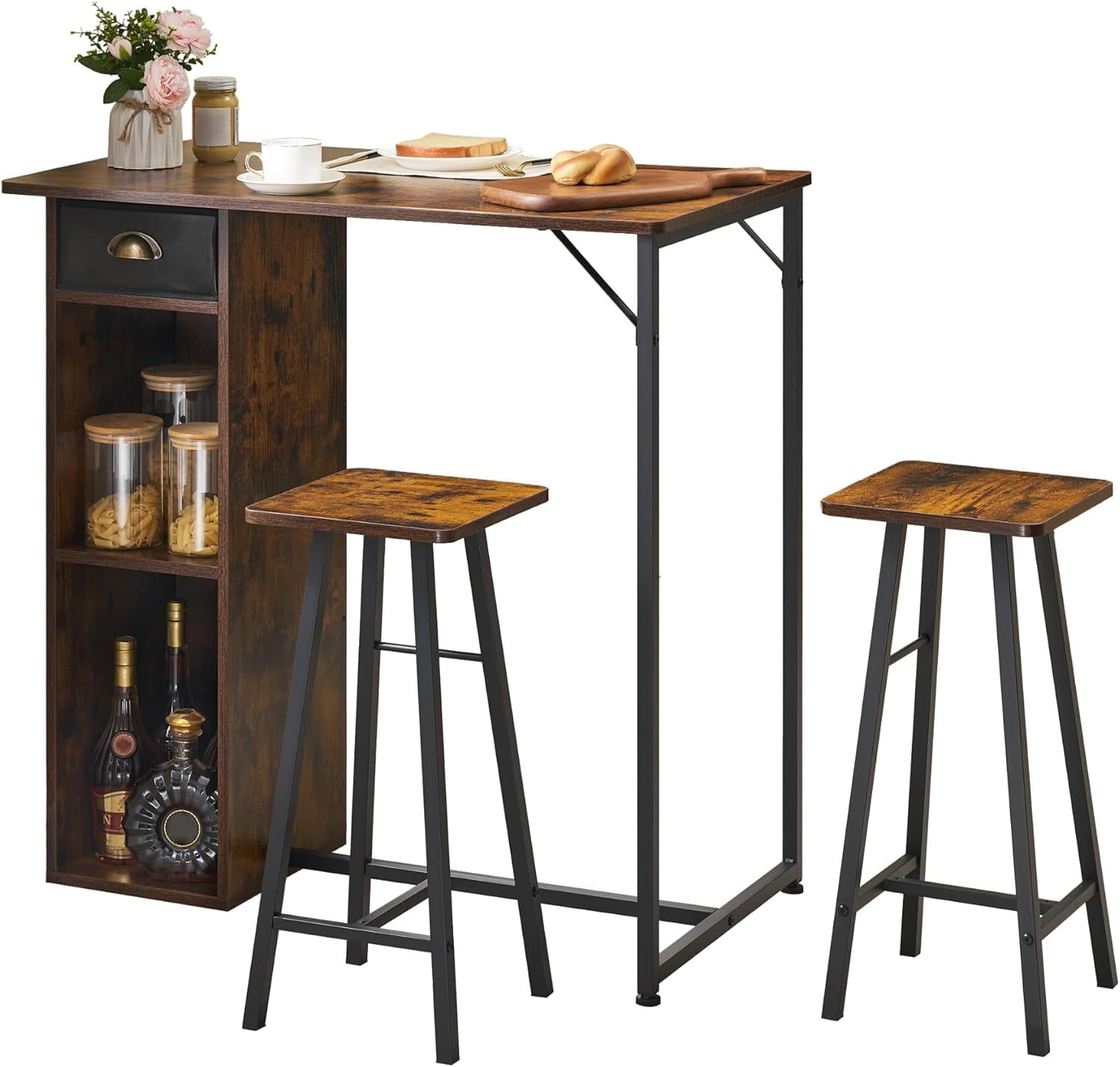 3-Piece Bar Table Set for 2: Counter Height Wooden Table with Storage ...