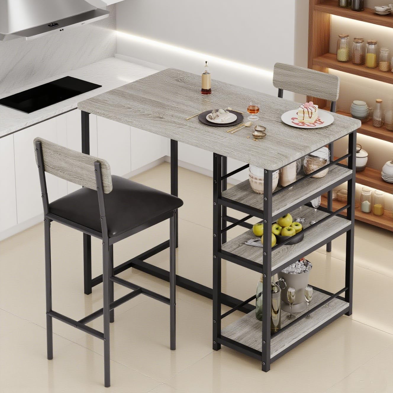 3 Piece Bar Table Set with 2 Upholstered Counter Stools , Compact ...