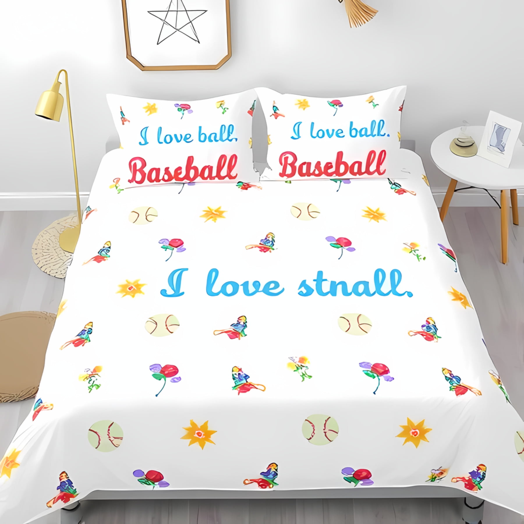 3-Piece Baseball Themed Duvet Cover Set - Crisp White with Colorful ...