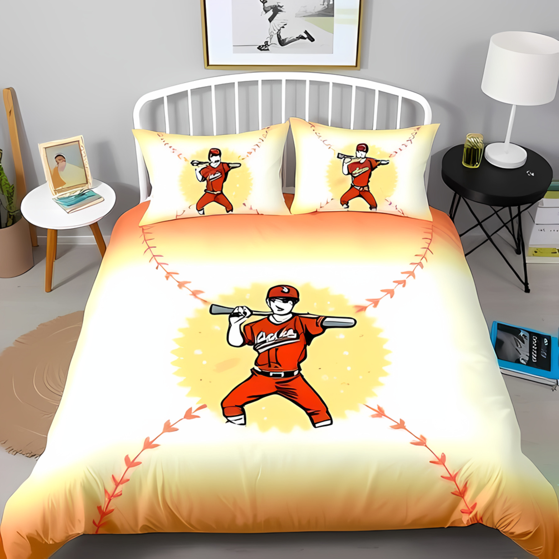 3-Piece Baseball Themed Duvet Cover Set with Cartoon Player Design Red ...