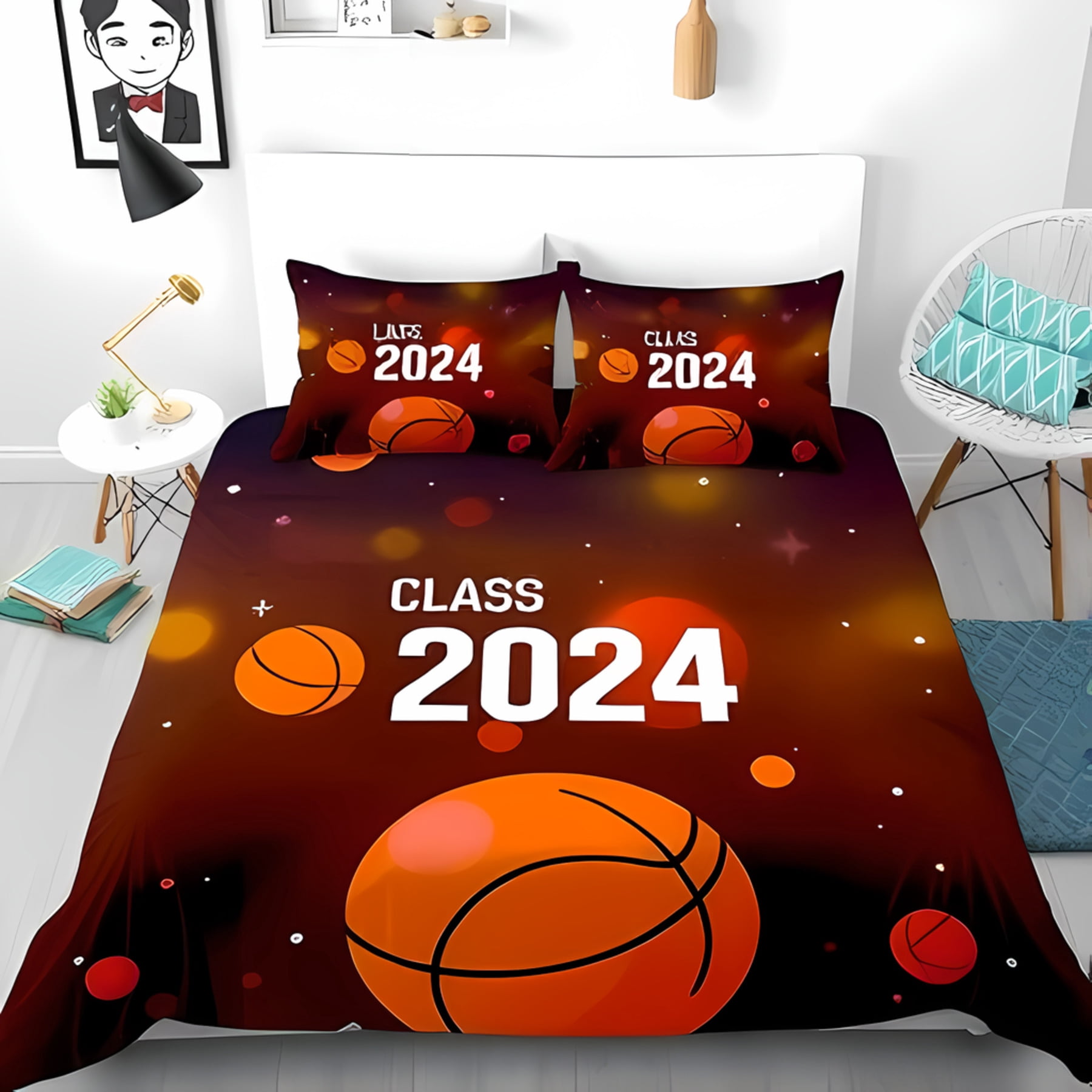 3-Piece Basketball Duvet Cover Set - Class of 2024 Dark Brown & Orange ...