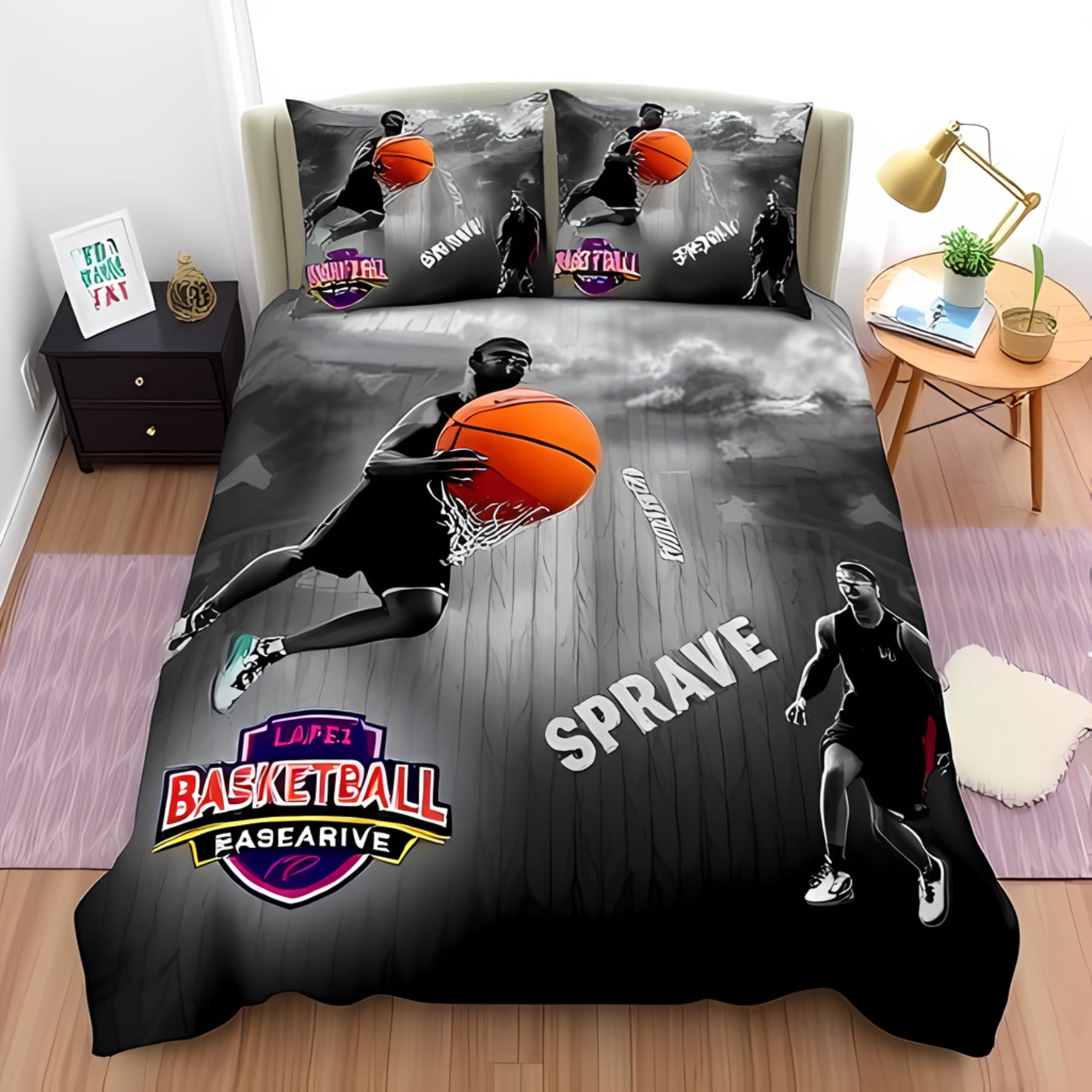 3-Piece Basketball Duvet Cover Set - Player Graphics on Black & White ...