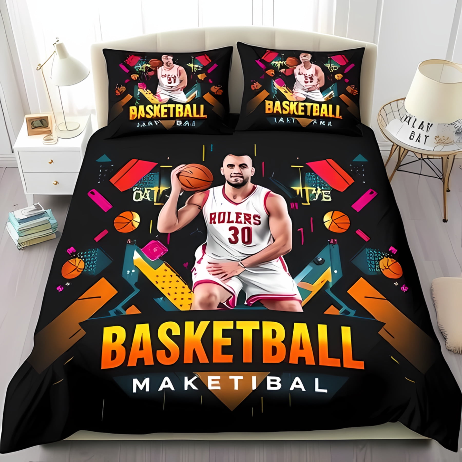 3-Piece Basketball Duvet Cover Set - Vibrant Black & Orange Design with ...