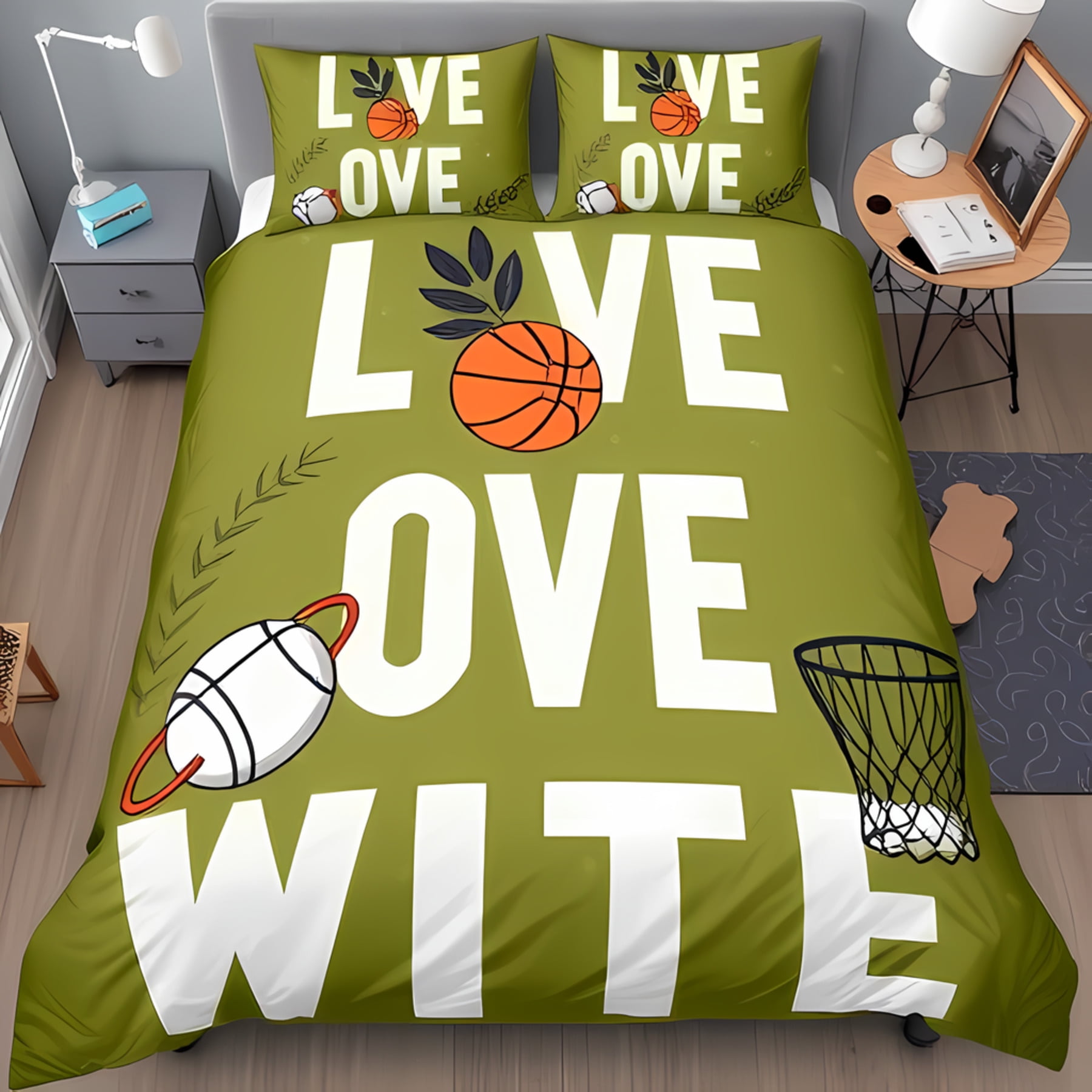 3-Piece Basketball Love Duvet Cover Set - Vibrant Green Design with ...