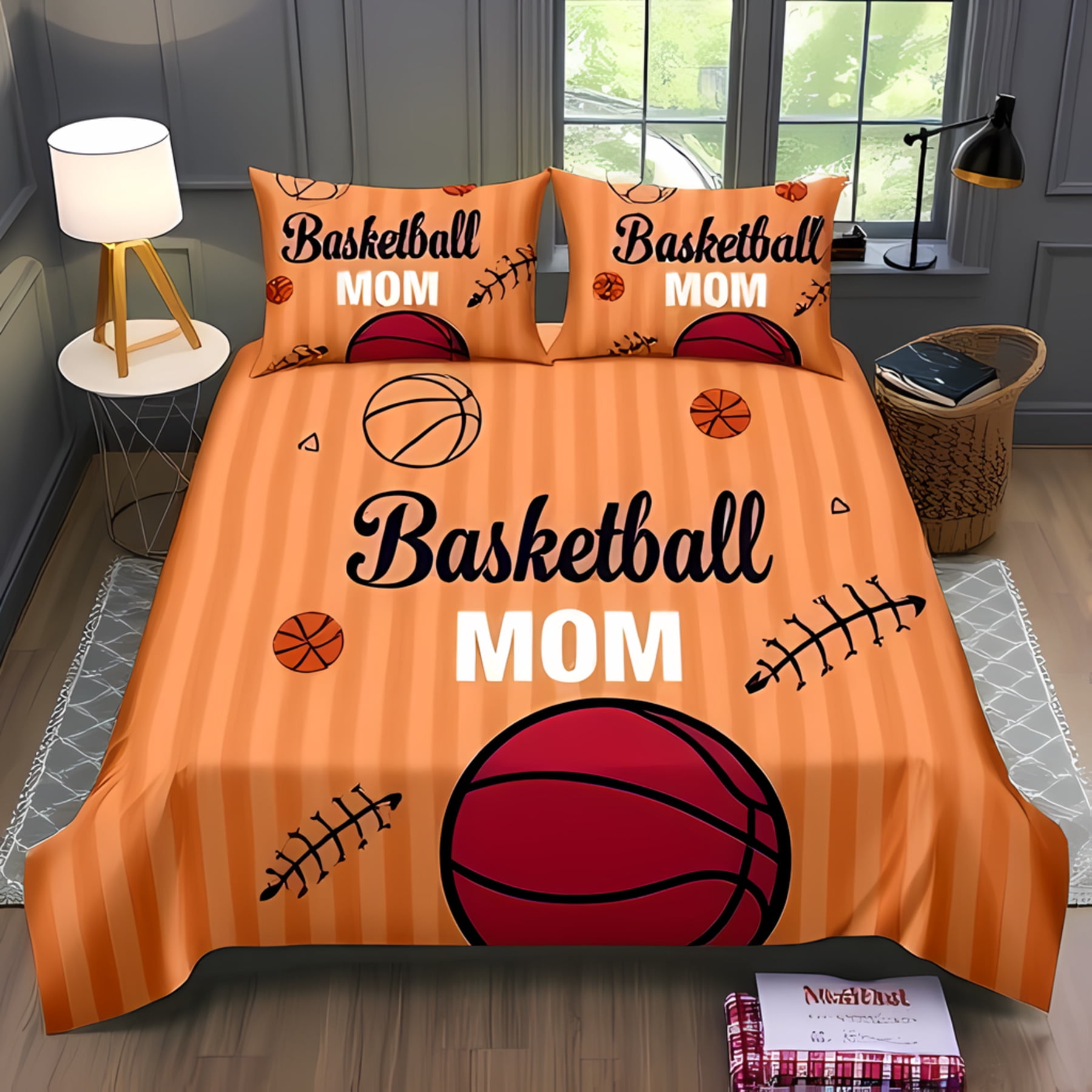 3-Piece Basketball Mom Duvet Cover Set - Vibrant Orange Bedding with ...