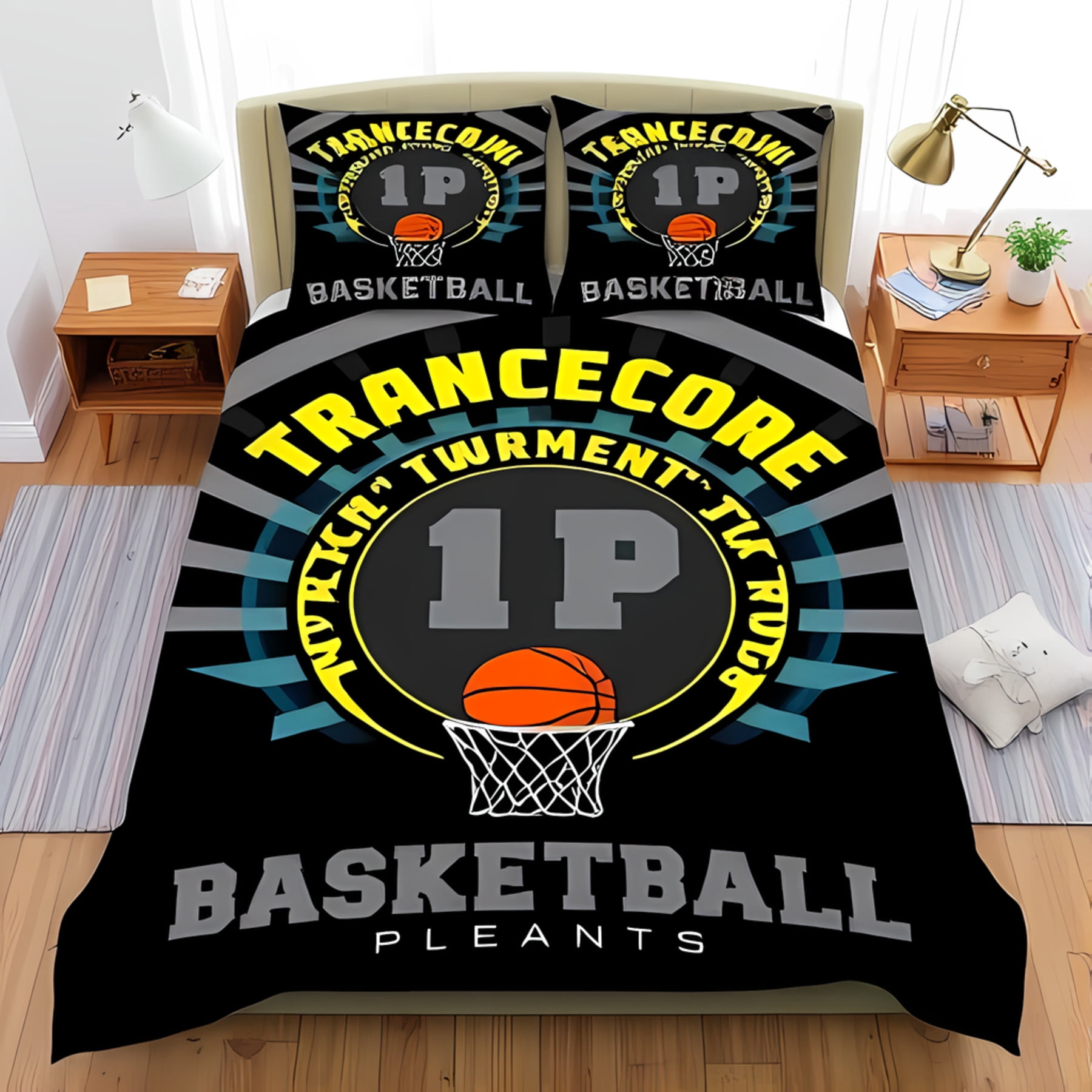 3-Piece Basketball Theme Duvet Cover Set - Bold Black with Teal ...