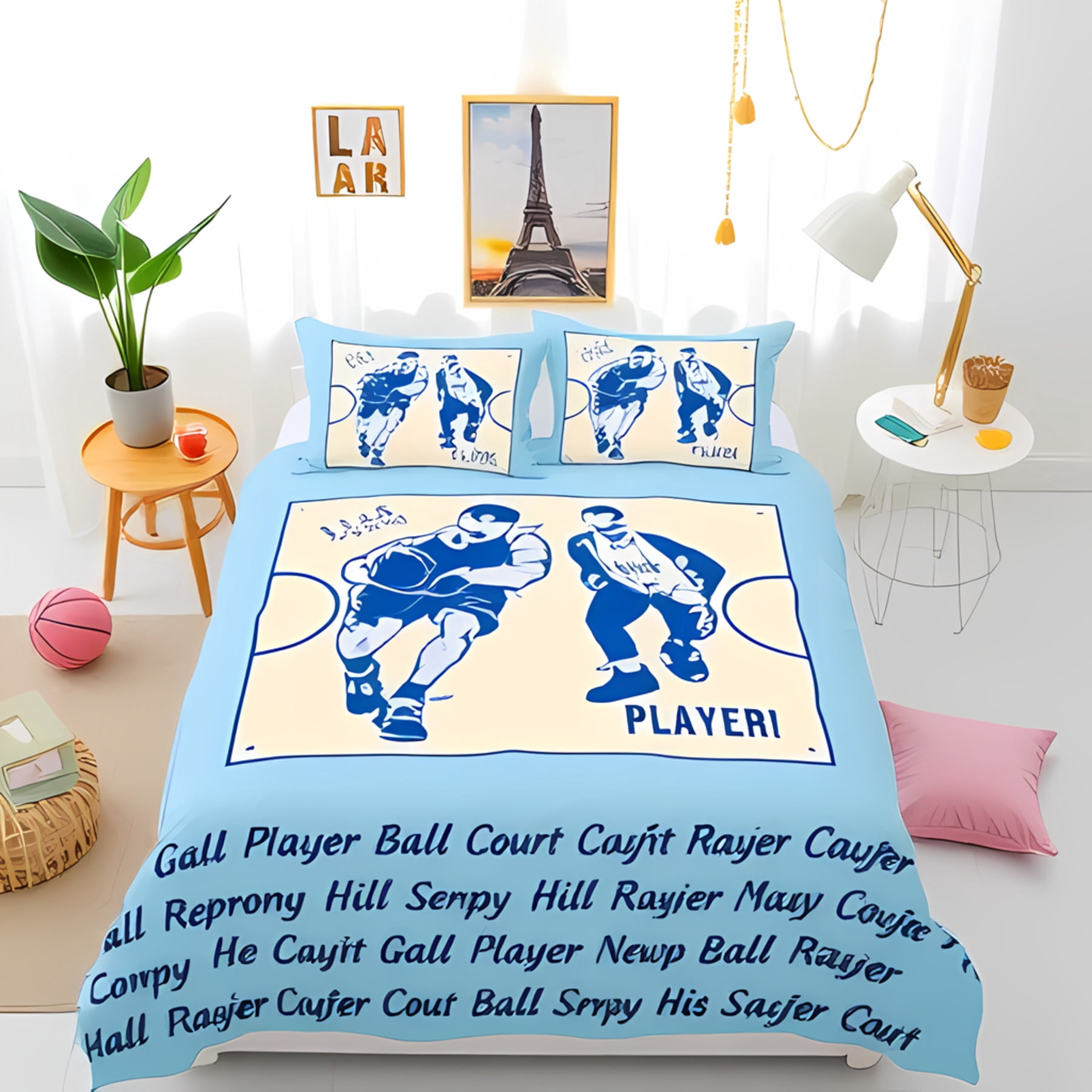 3-Piece Basketball Theme Duvet Cover Set - Light Blue with Player ...