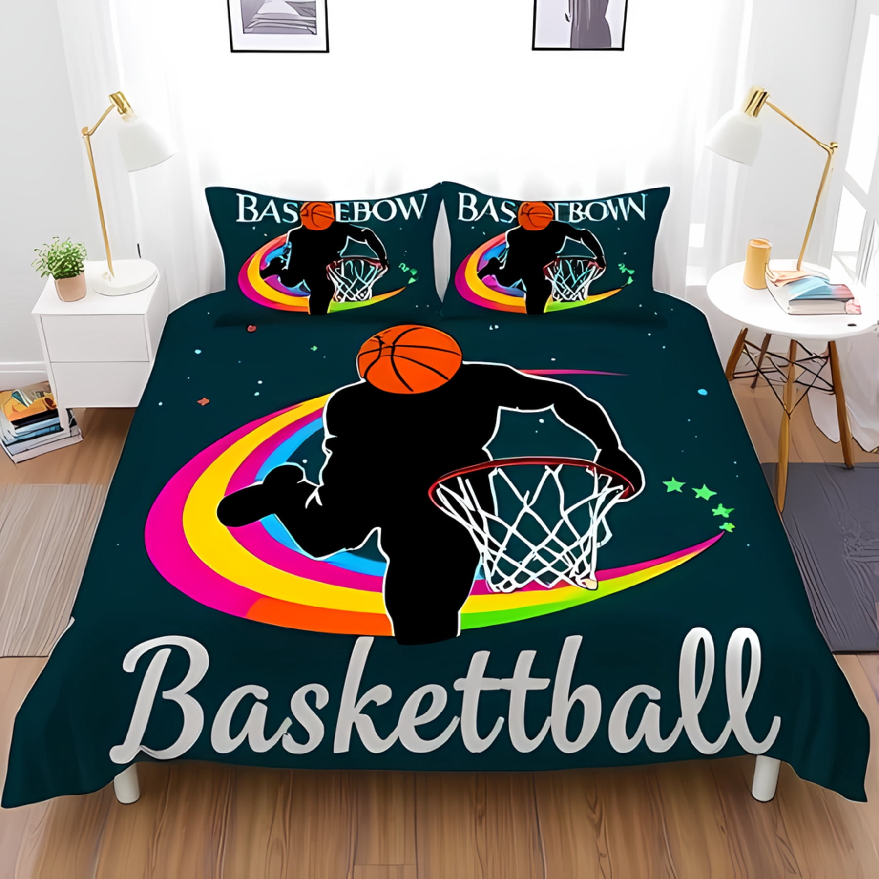 3-Piece Basketball Themed Duvet Cover Set Colorful Swirls & Star ...