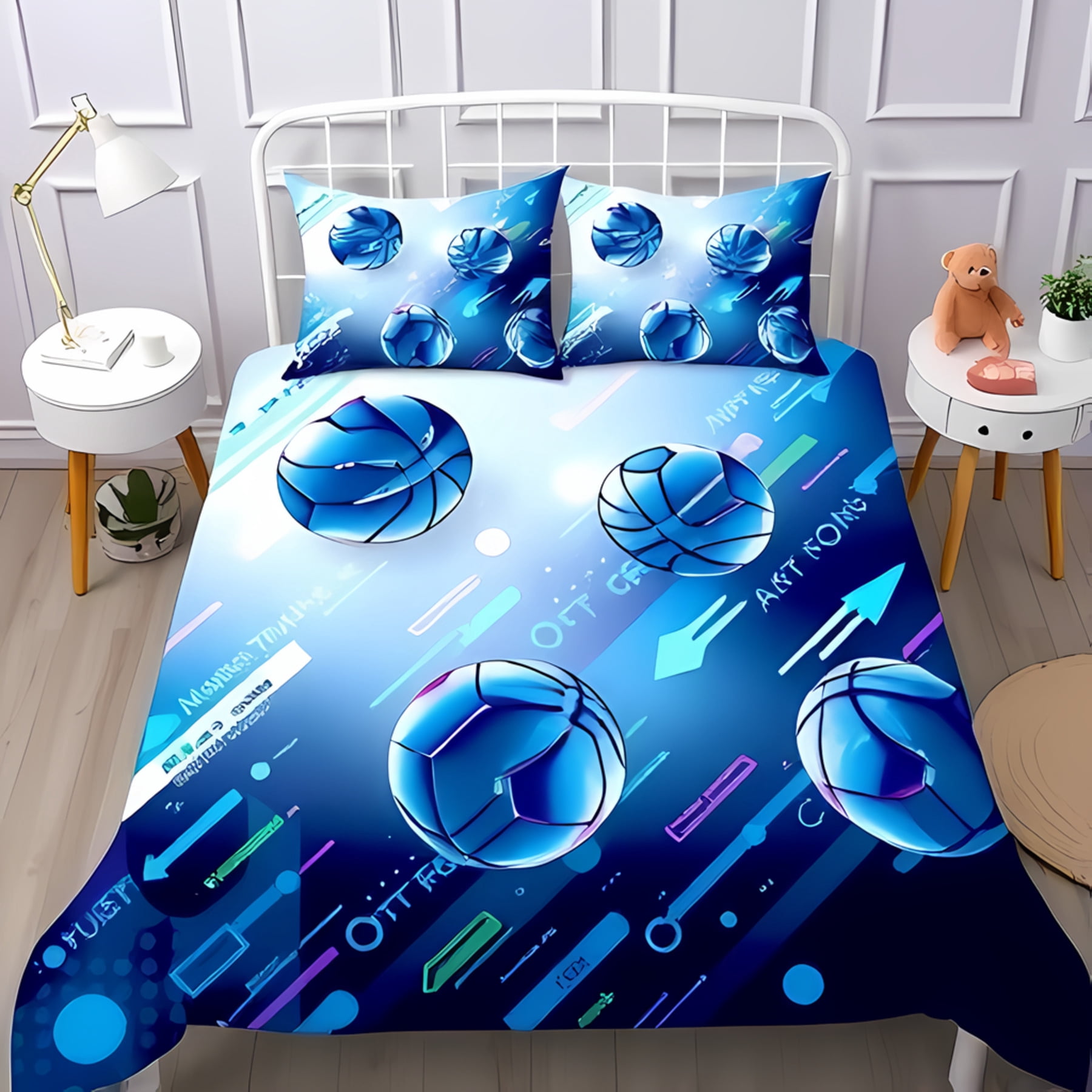 3-Piece Basketball-Themed Duvet Cover Set - Vibrant Blue & Black Design ...