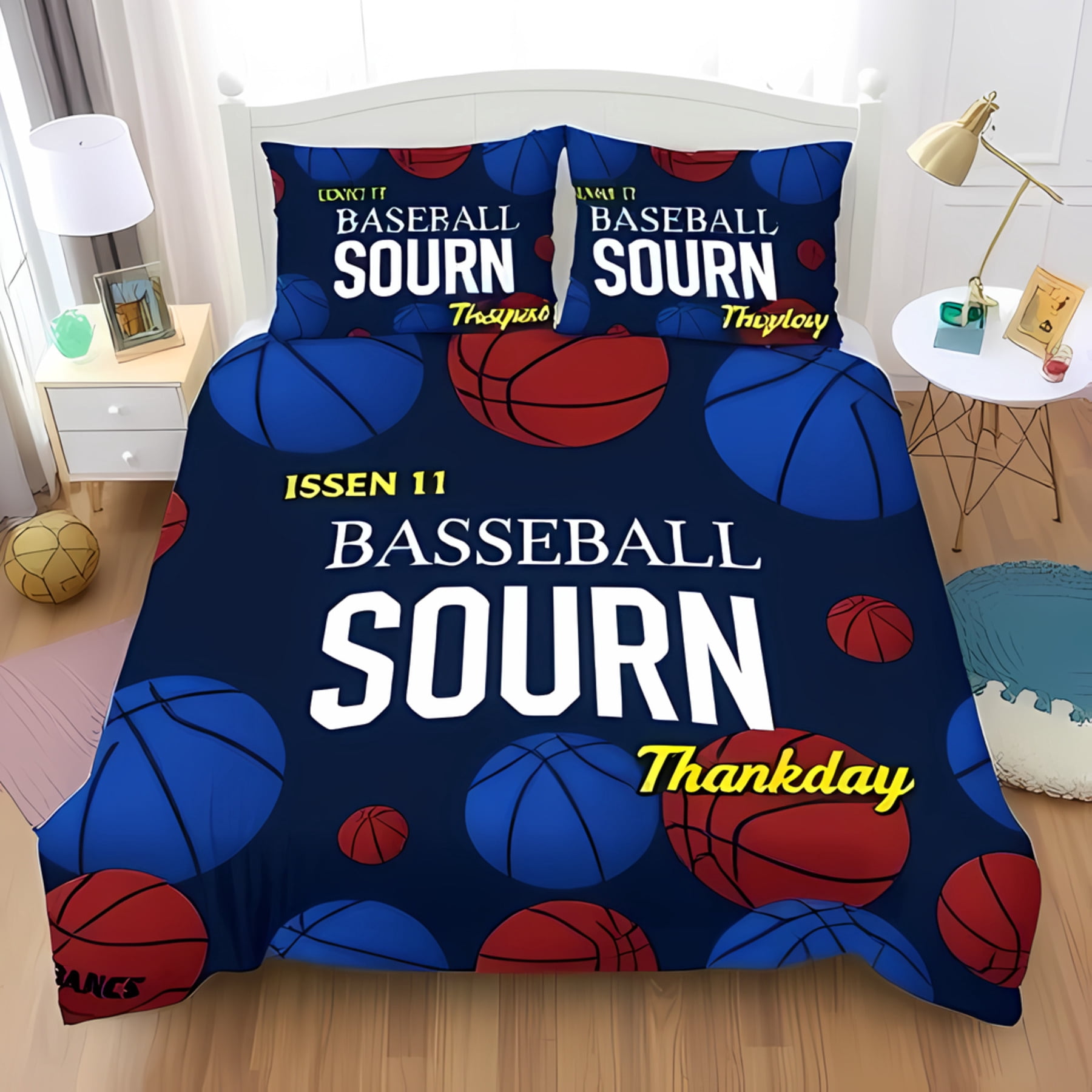 3-Piece Basketball Themed Duvet Cover Set with Blue and Red Basketballs ...