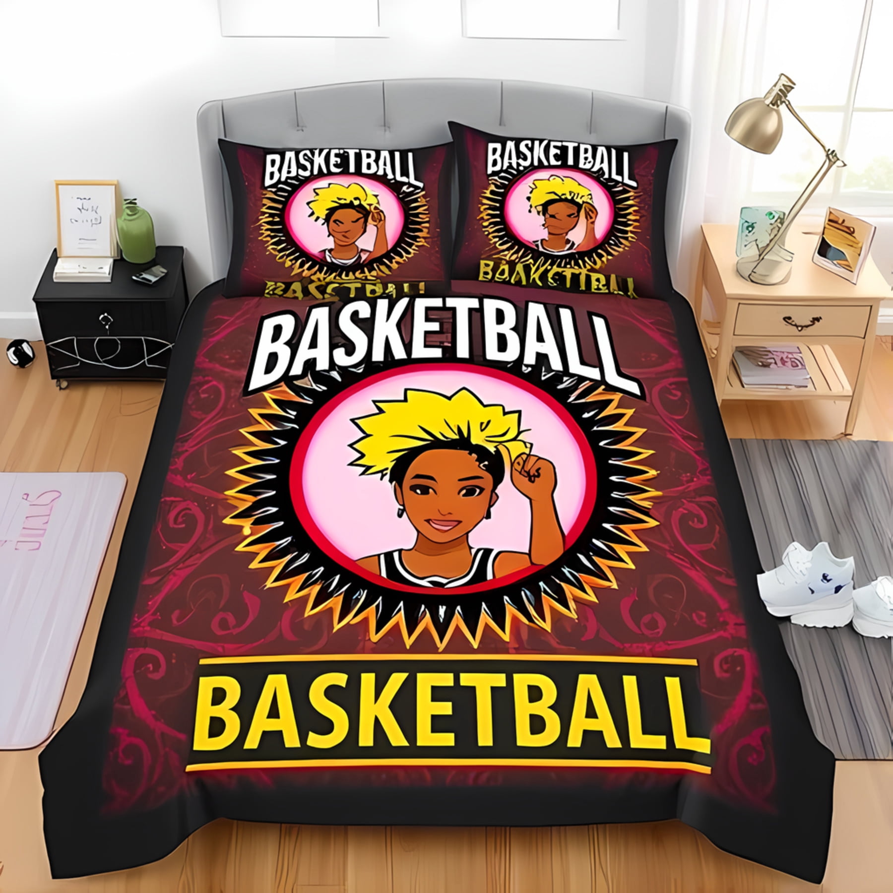 3-Piece Basketball Themed Duvet Cover Set with Bold Red and Black ...