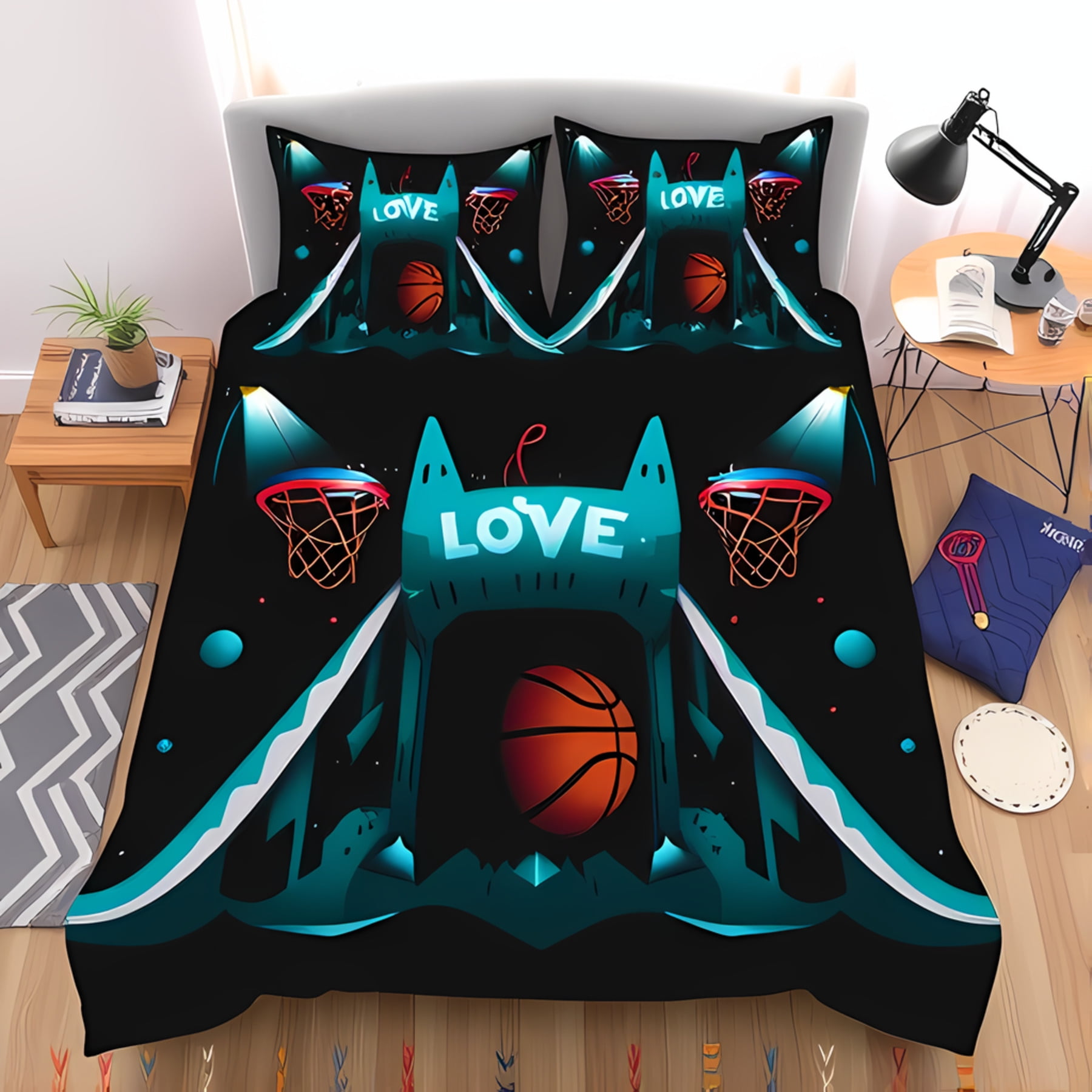 3-Piece Basketball Themed Duvet Cover Set with Love Design & Balls ...