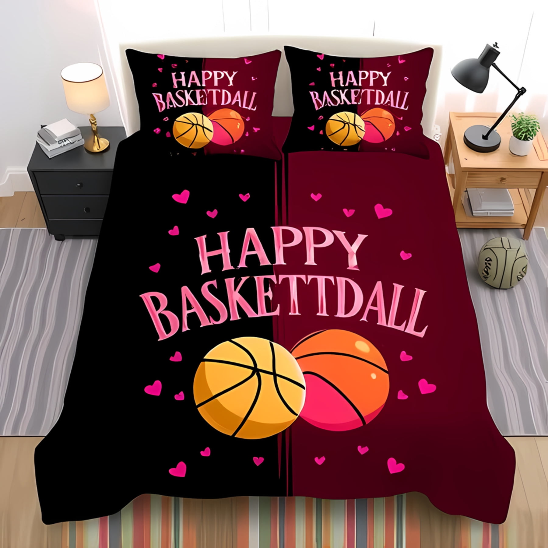 3-Piece Basketball Themed Duvet Cover Set with Matching Pillows & Throw ...