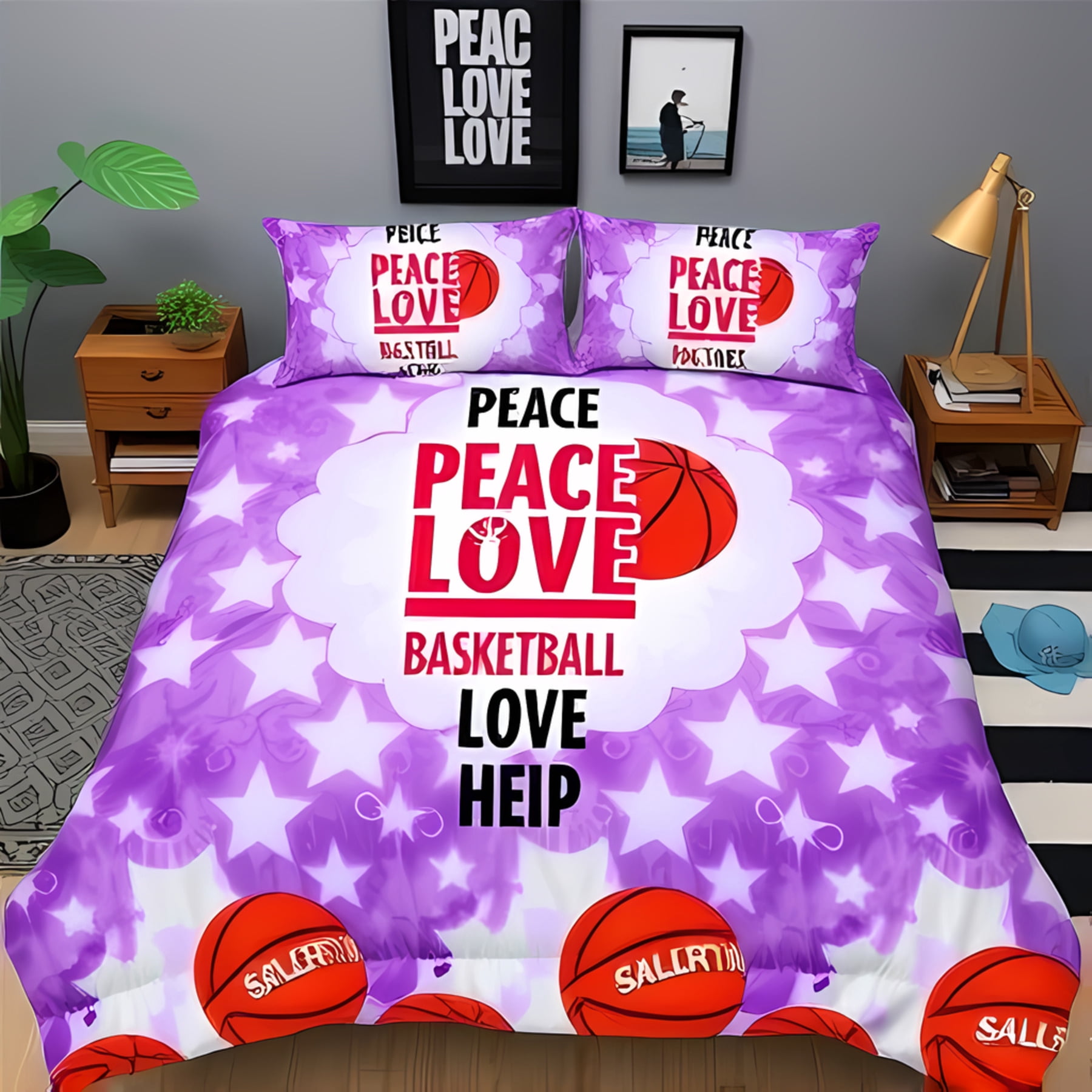 3-Piece Basketball Themed Duvet Cover Set with " Peace Love Basketball ...