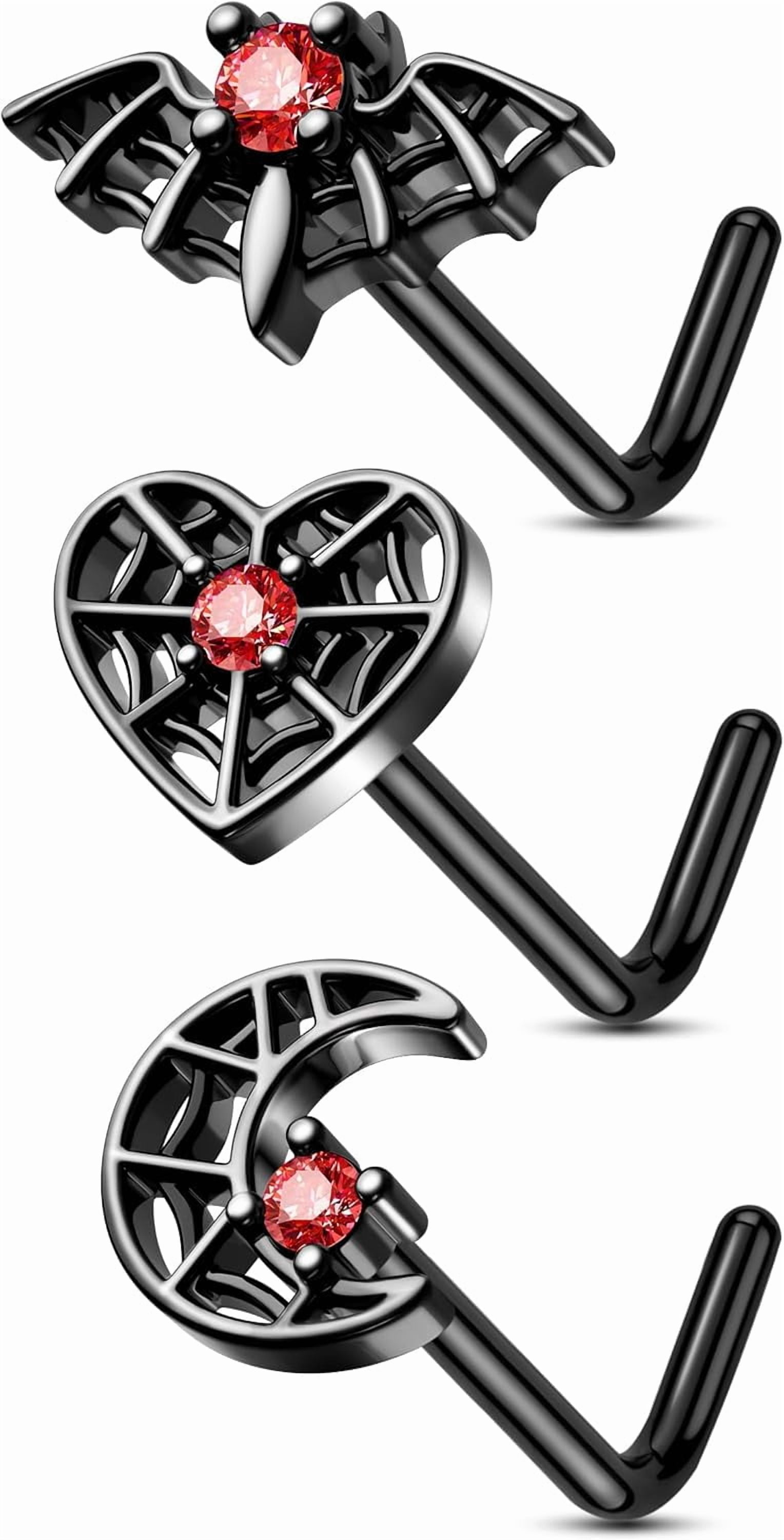 3-Piece Bat Nose Rings - 20G Black Nose Barbell & Heart Shaped Nose ...