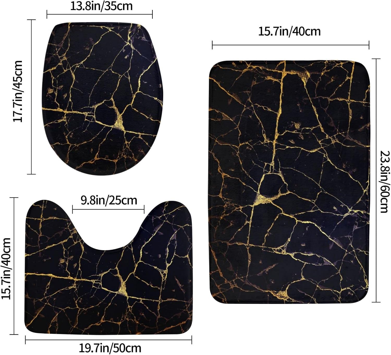 3 Piece Bath Mat Set Golden Glitter Veins Modern Black Marble Bathroom ...