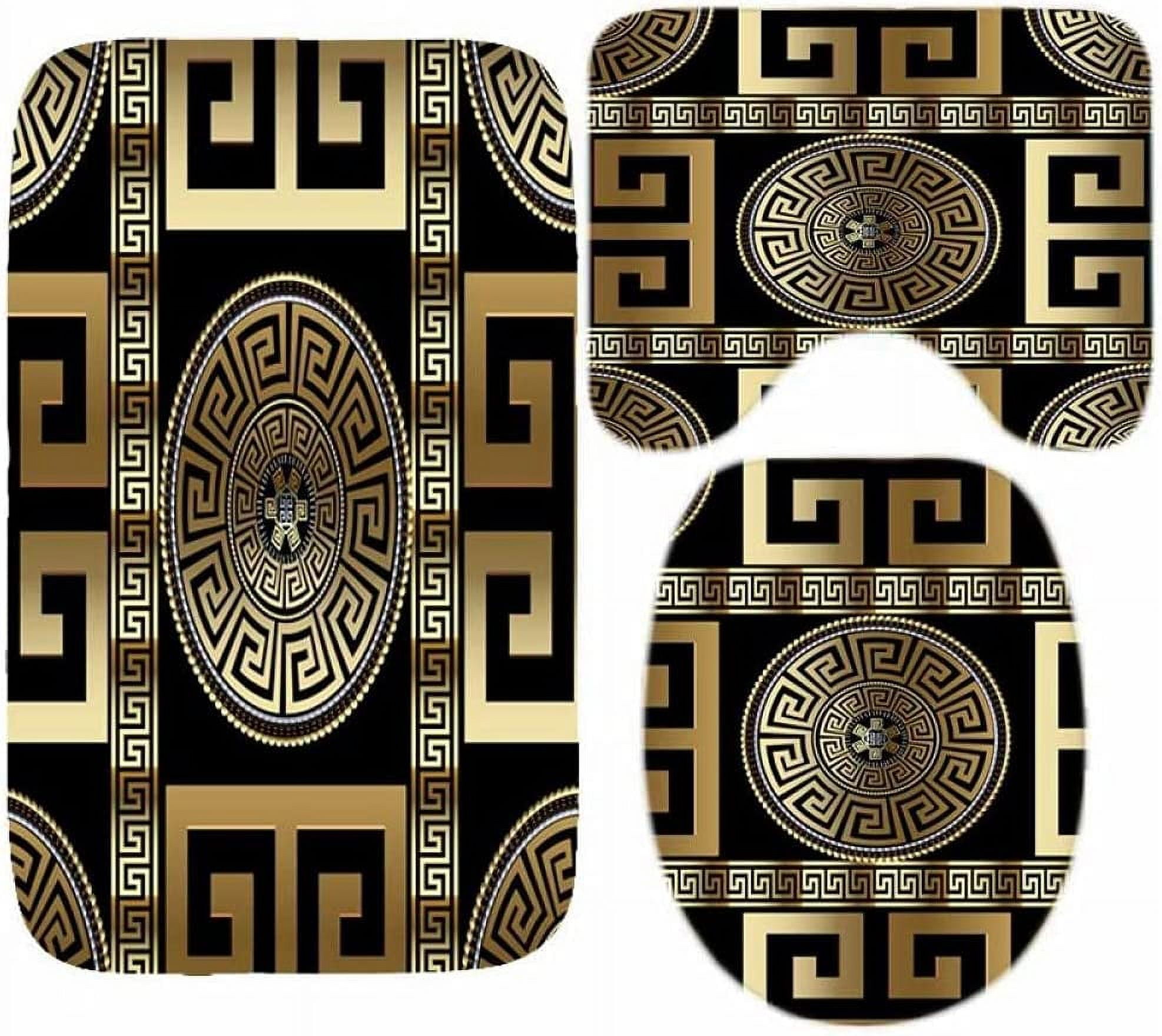 3 Piece Bath Mats Geometric Black Gold Greek Key Meander Waterproof Non ...