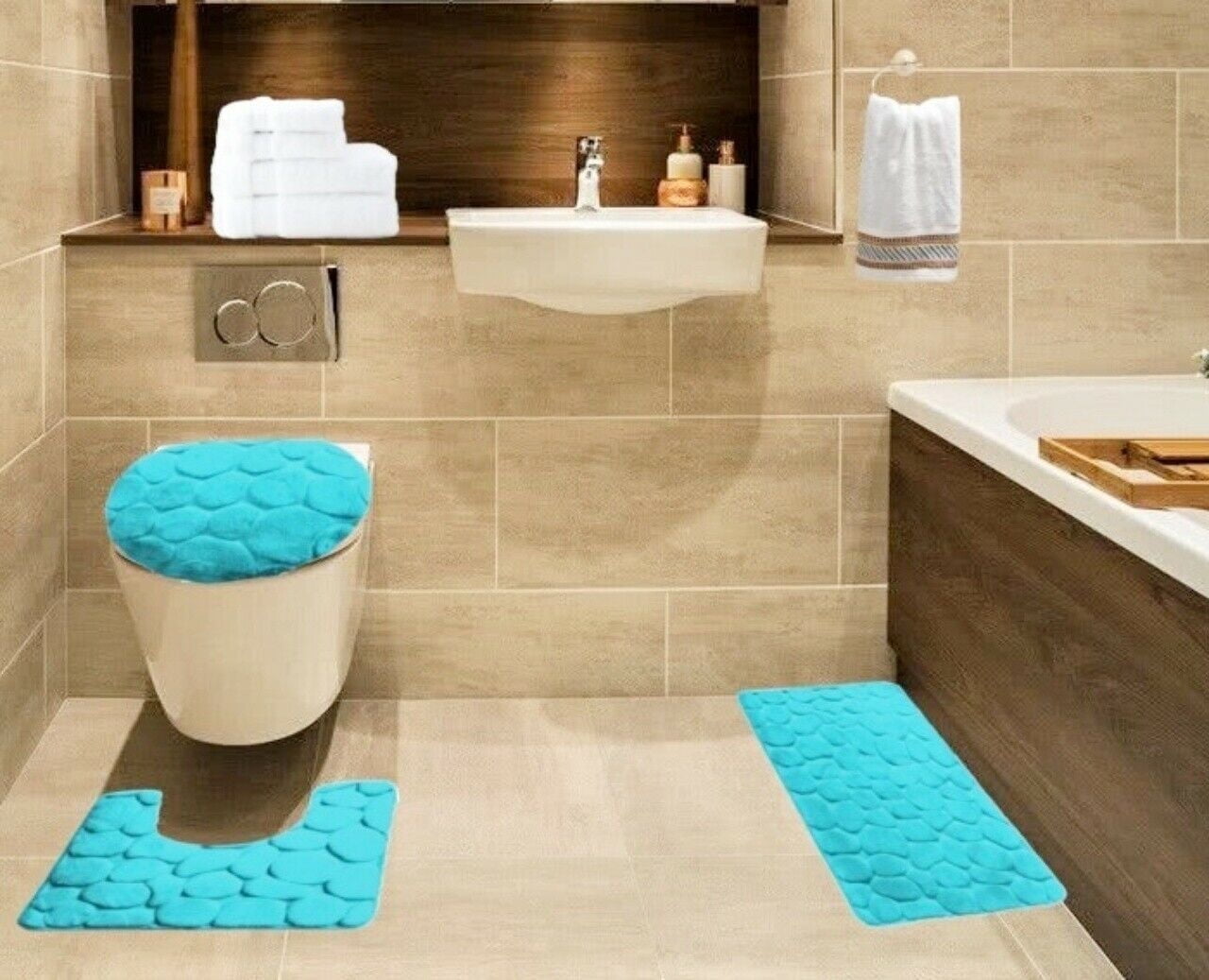 3 Piece Bath Rock Pebble Cobblestone Turquoise Color Embossed Memory ...