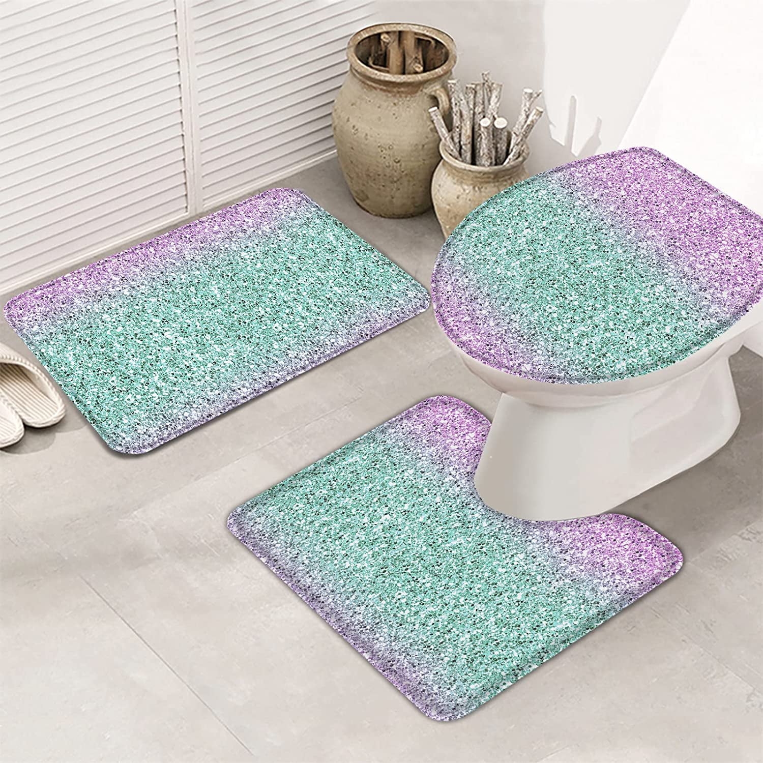 3 Piece Bath Rugs Sets Gold Glitz Sequins Toilet Sets Bath Mat Water ...