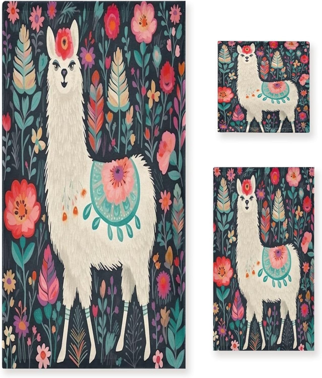 3 Piece Bath Towels Set, Super Soft Absorbent Floral and Llama Towels ...