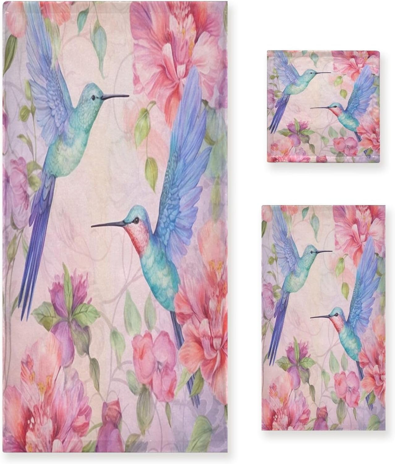 3 Piece Bath Towels Set, Super Soft Absorbent Hummingbirds and Flowers ...