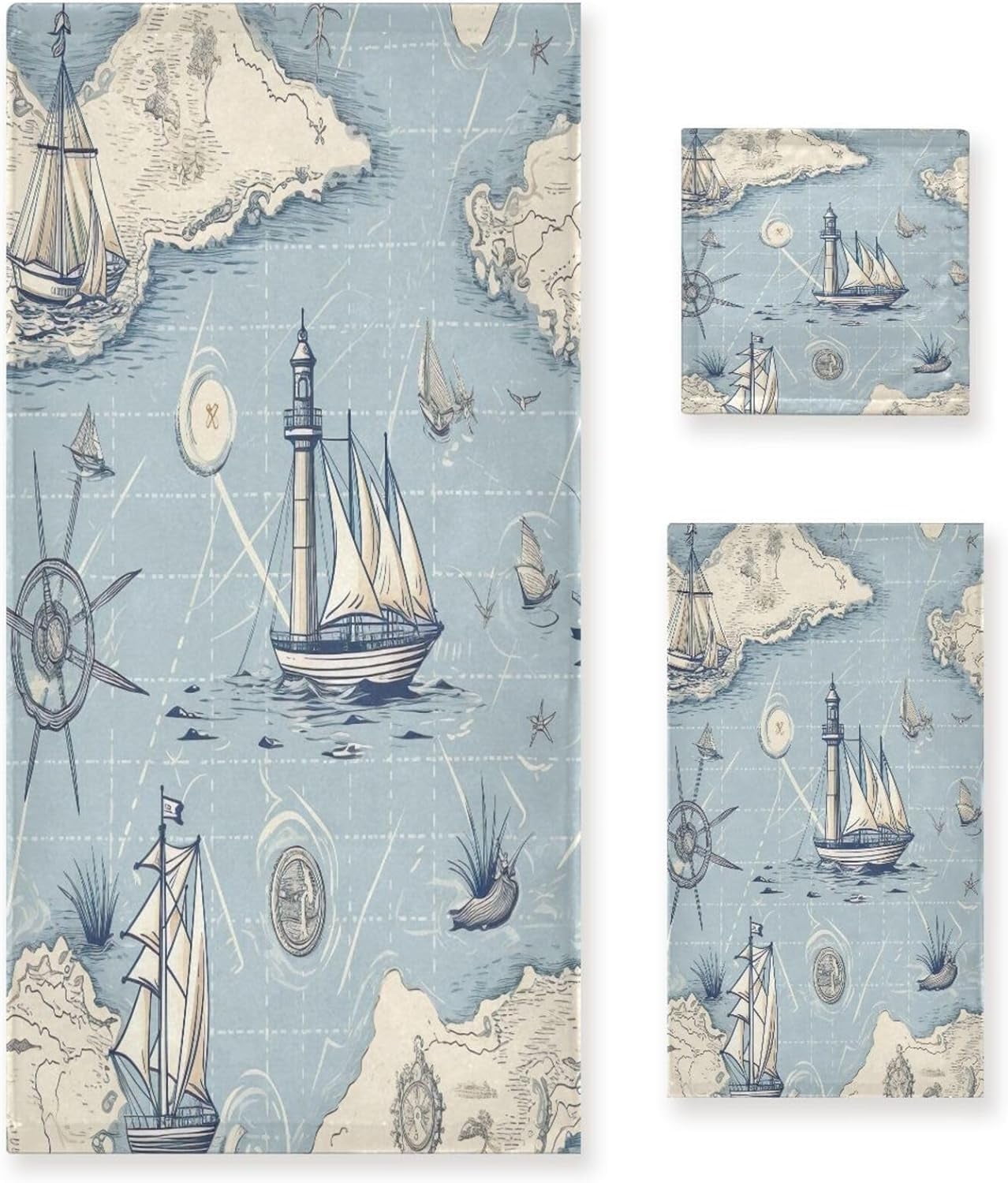 3 Piece Bath Towels Set, Super Soft Absorbent Nautical Map Towels for ...