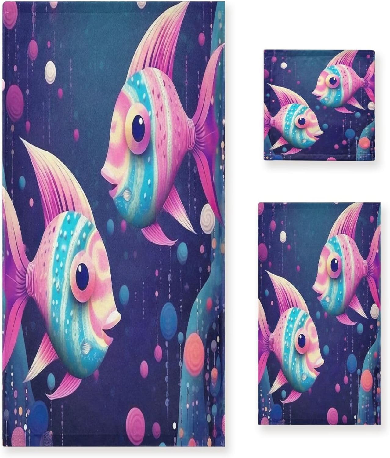 3 Piece Bath Towels Set, Super Soft Absorbent Two Colorful Fish Towels ...