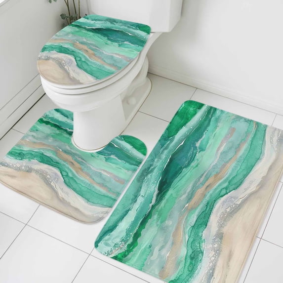 3 Piece Bathroom Rug Set, Abstract Green Non Slip Bath Mat with Contour ...