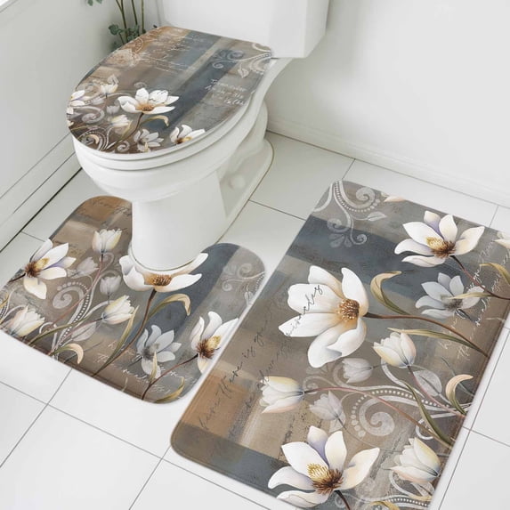 3 Piece Bathroom Rug Set, Abstract Retro Flowers Non Slip Bath Mat with ...