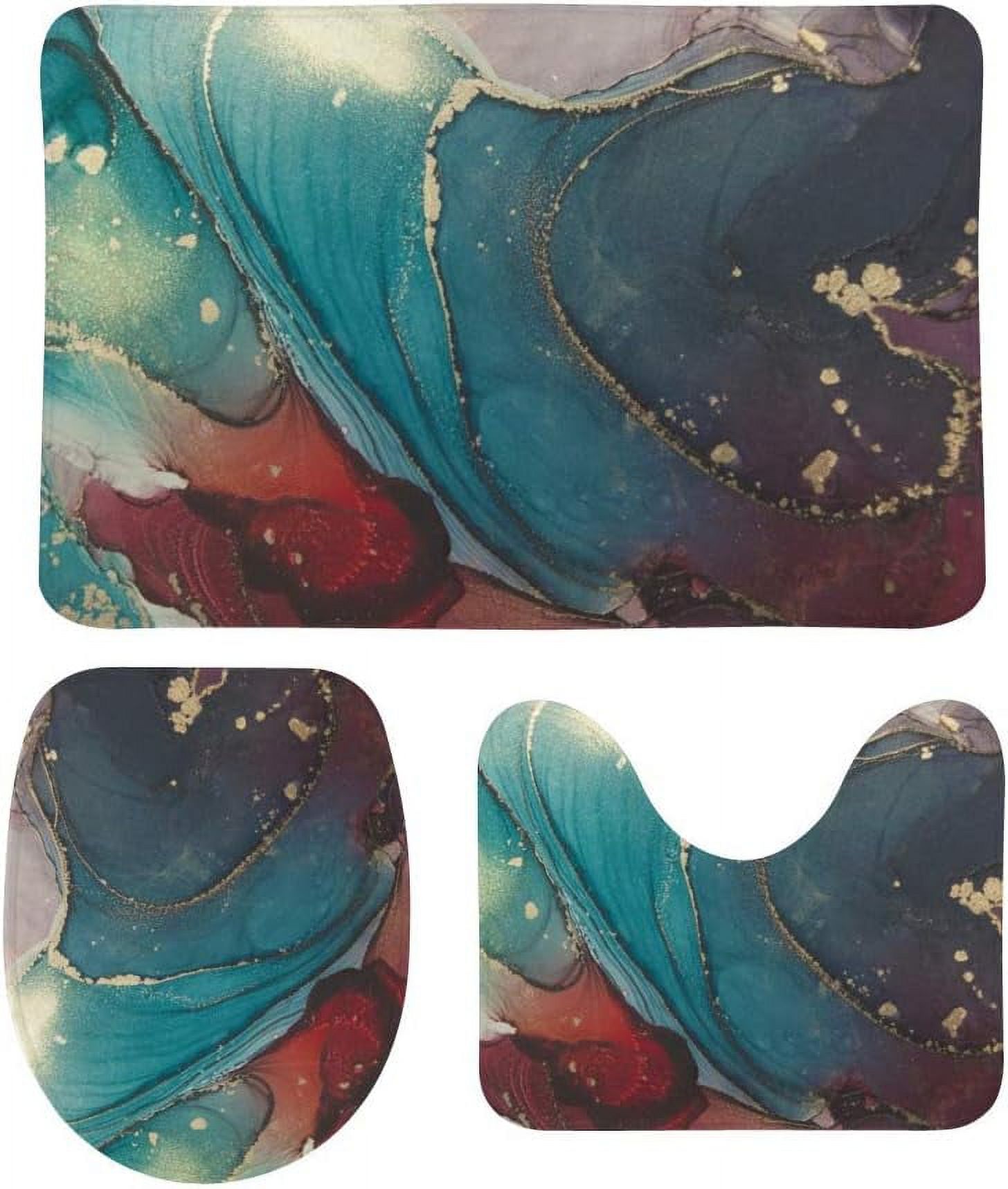 3 Piece Bathroom Rug Set Abstract Teal Blue Purple Marble Modern Art ...